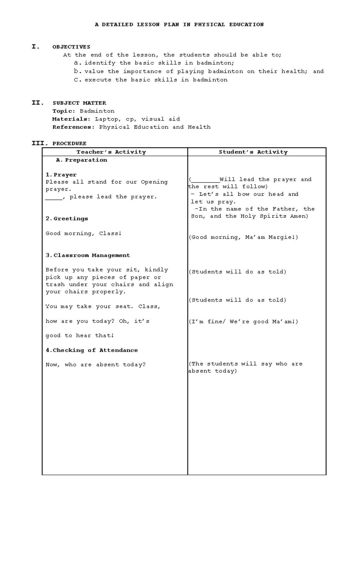 Badminton - jhjg - A DETAILED LESSON PLAN IN PHYSICAL EDUCATION I ...
