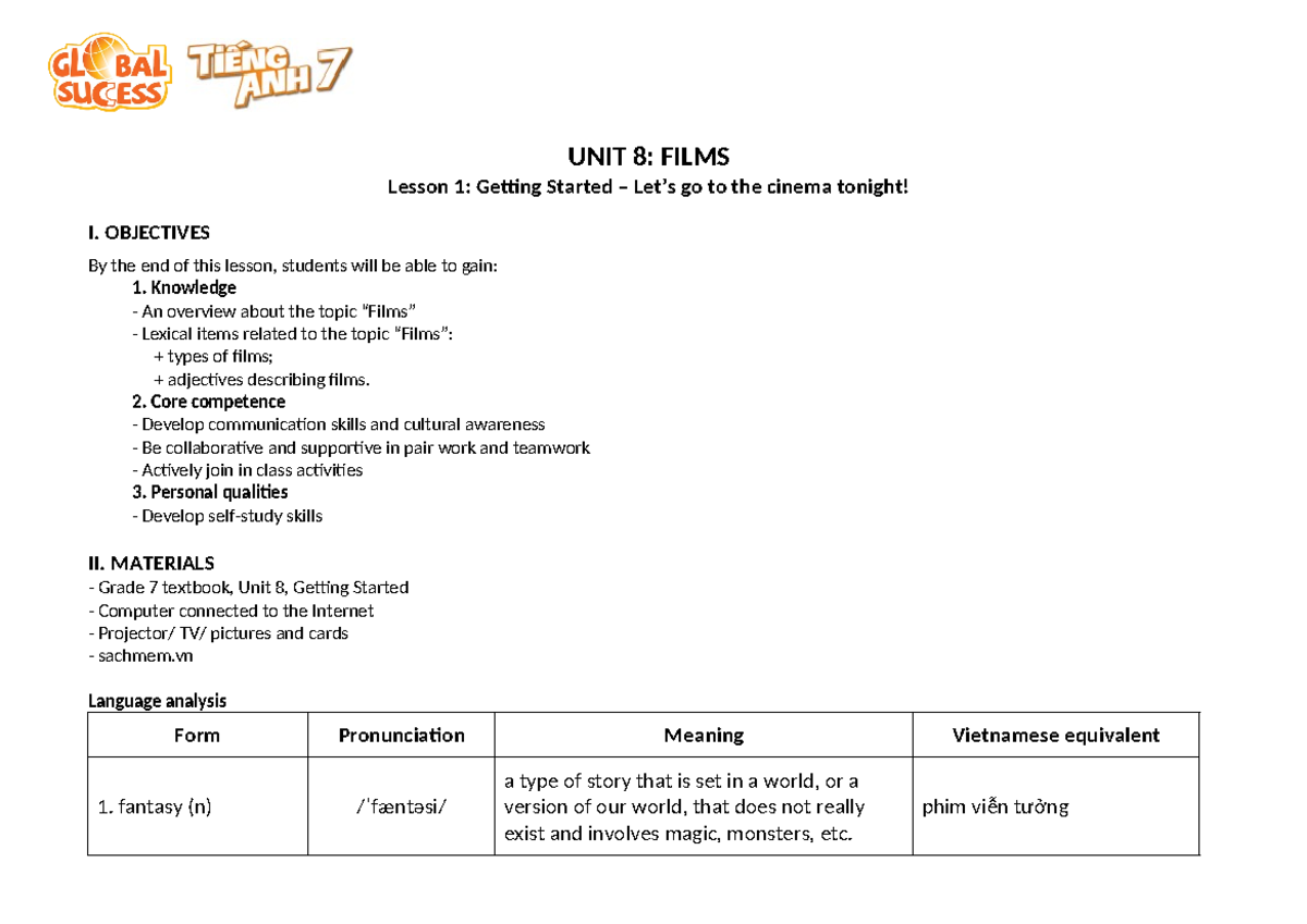 TA7-Unit 8 - english for everyone - UNIT 8: FILMS Lesson 1: Getting Started – Let’s go to the ...