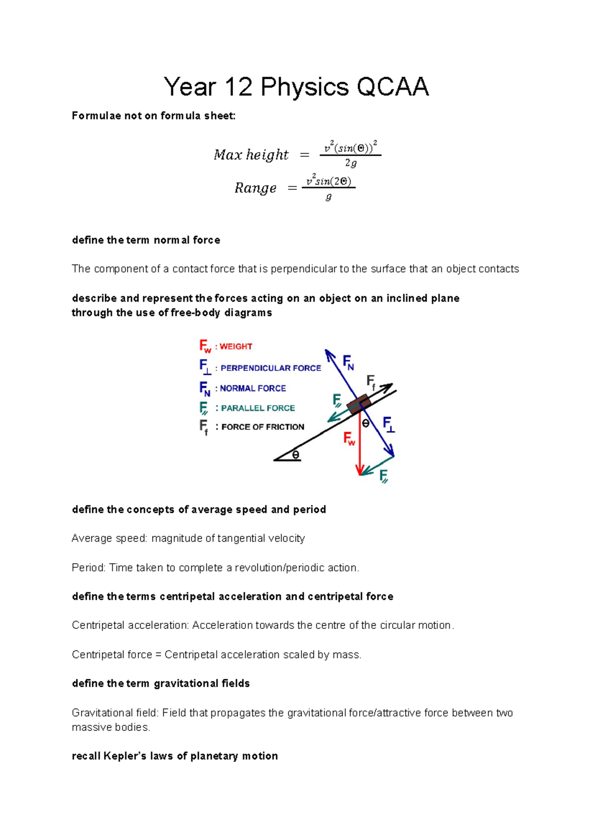 Physics - Notes. - Year 12 Physics QCAA Formulae not on formula sheet ...
