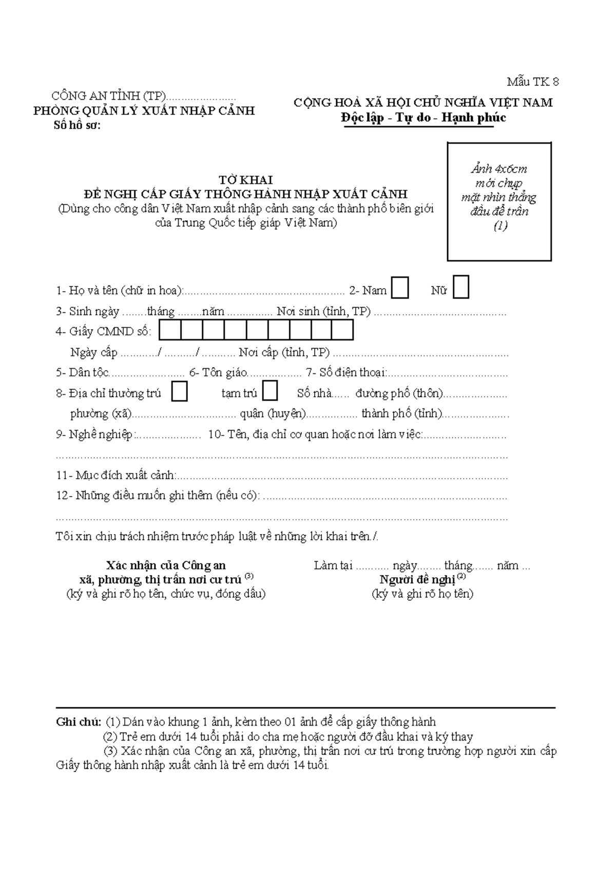 Mẫu tờ khai xin giấy thông hành - Mẫu TK 8 CÔNG AN TỈNH (TP ...