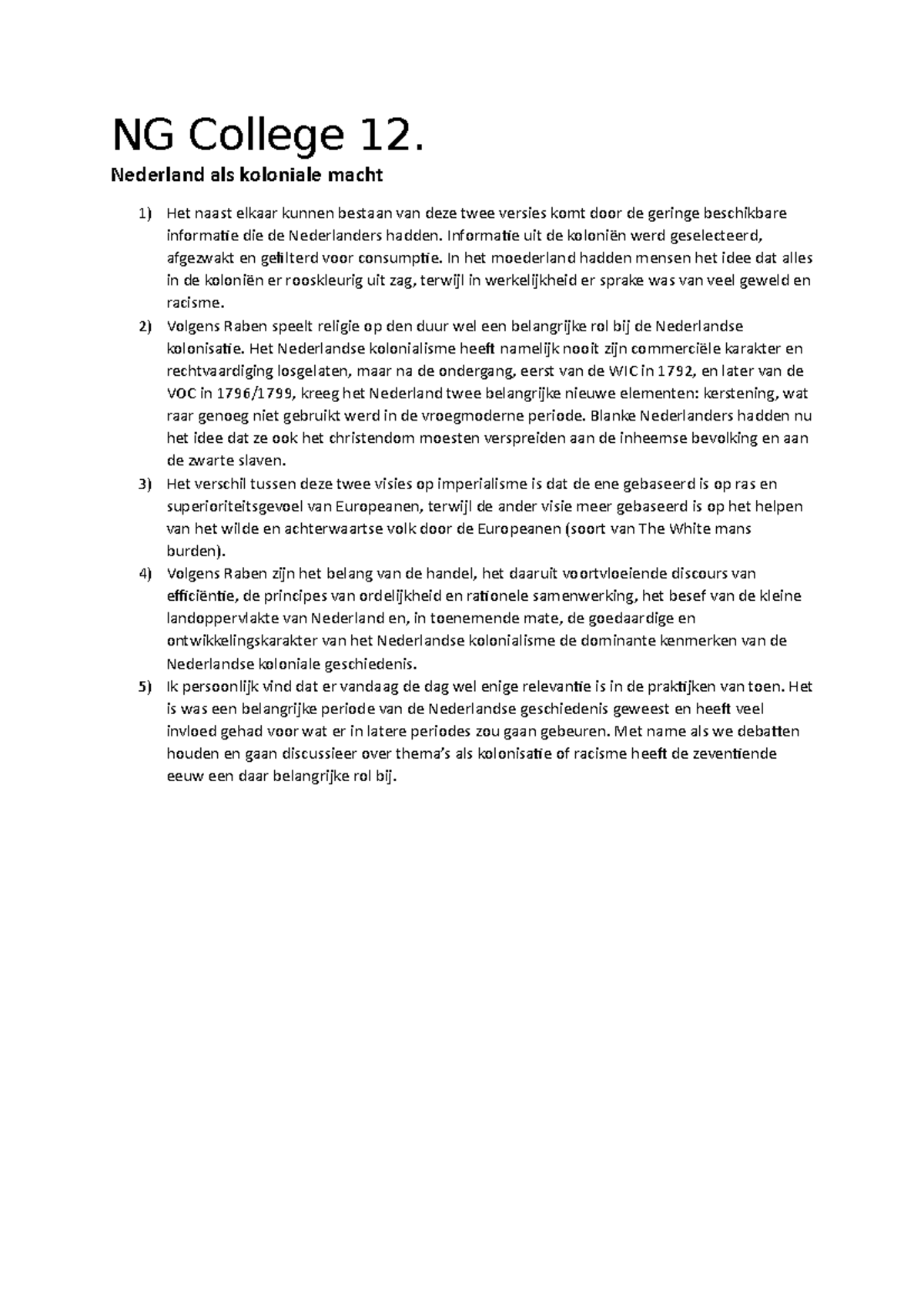 NG College week 12 - NG College 12. Nederland als koloniale macht Het ...