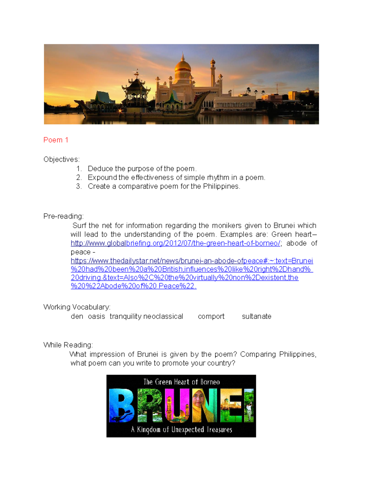 Asean LIT 6 - Poem 1 Objectives: 1. Deduce the purpose of the poem. 2 ...