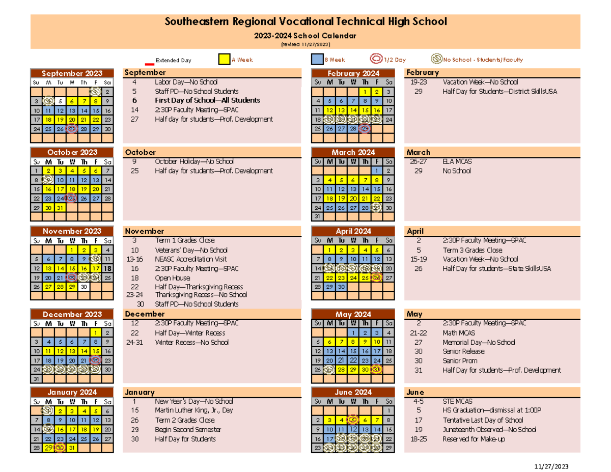 2023-2024 HS Calendar A-B Rev 11 - Extended Day A Week B Week 1/2 Day ...