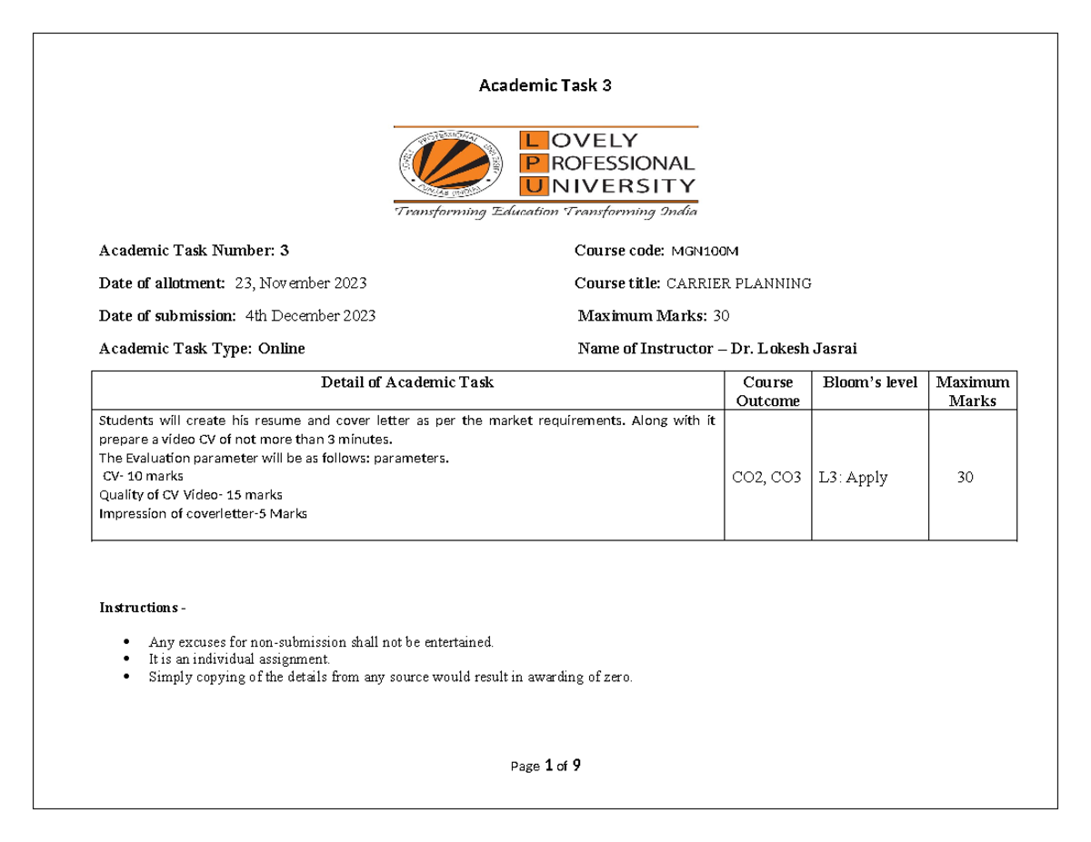 MGN100M CA3 - Career palnning assignment - Academic Task Number: 3 Course code: MGN100M Date of ...