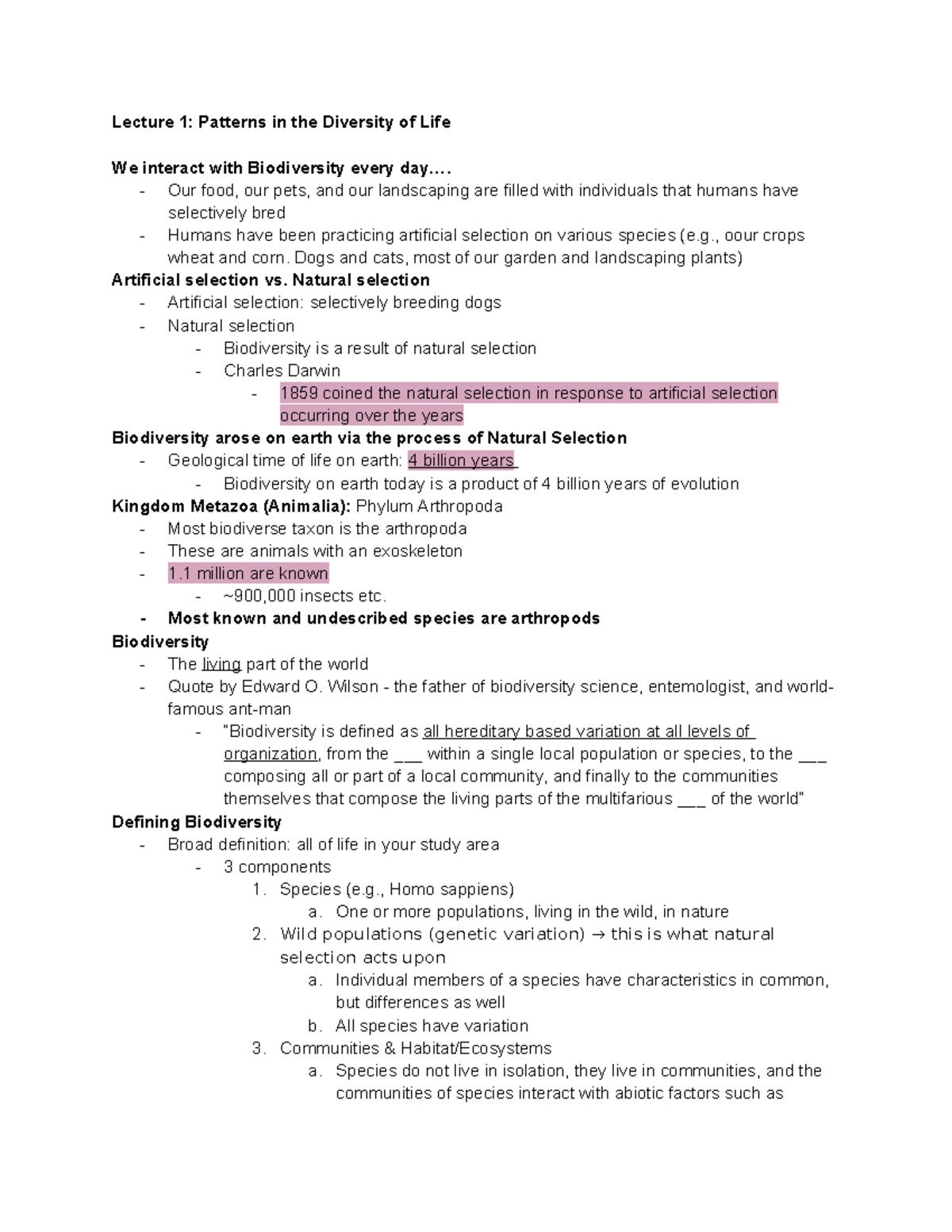 Biology 3484 - Notes - Lecture 1: Patterns in the Diversity of Life We ...
