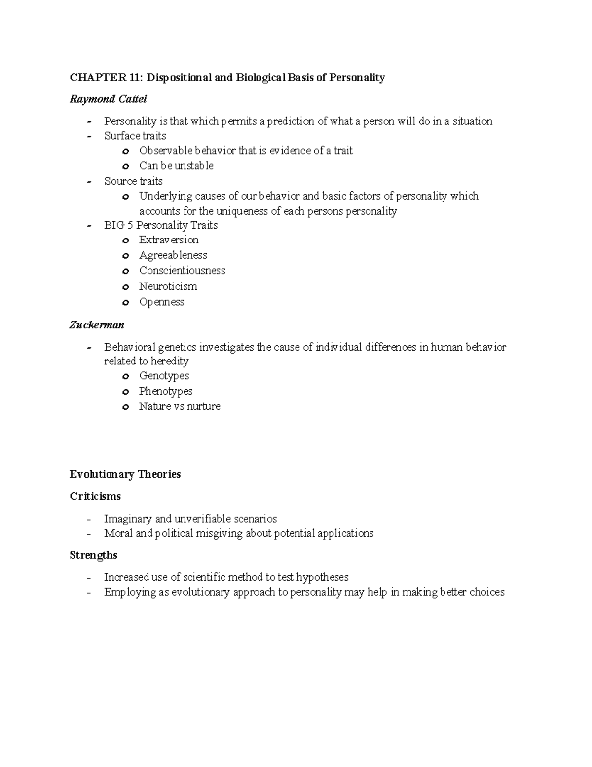Week 6 Personality Notes - CHAPTER 11: Dispositional and Biological ...