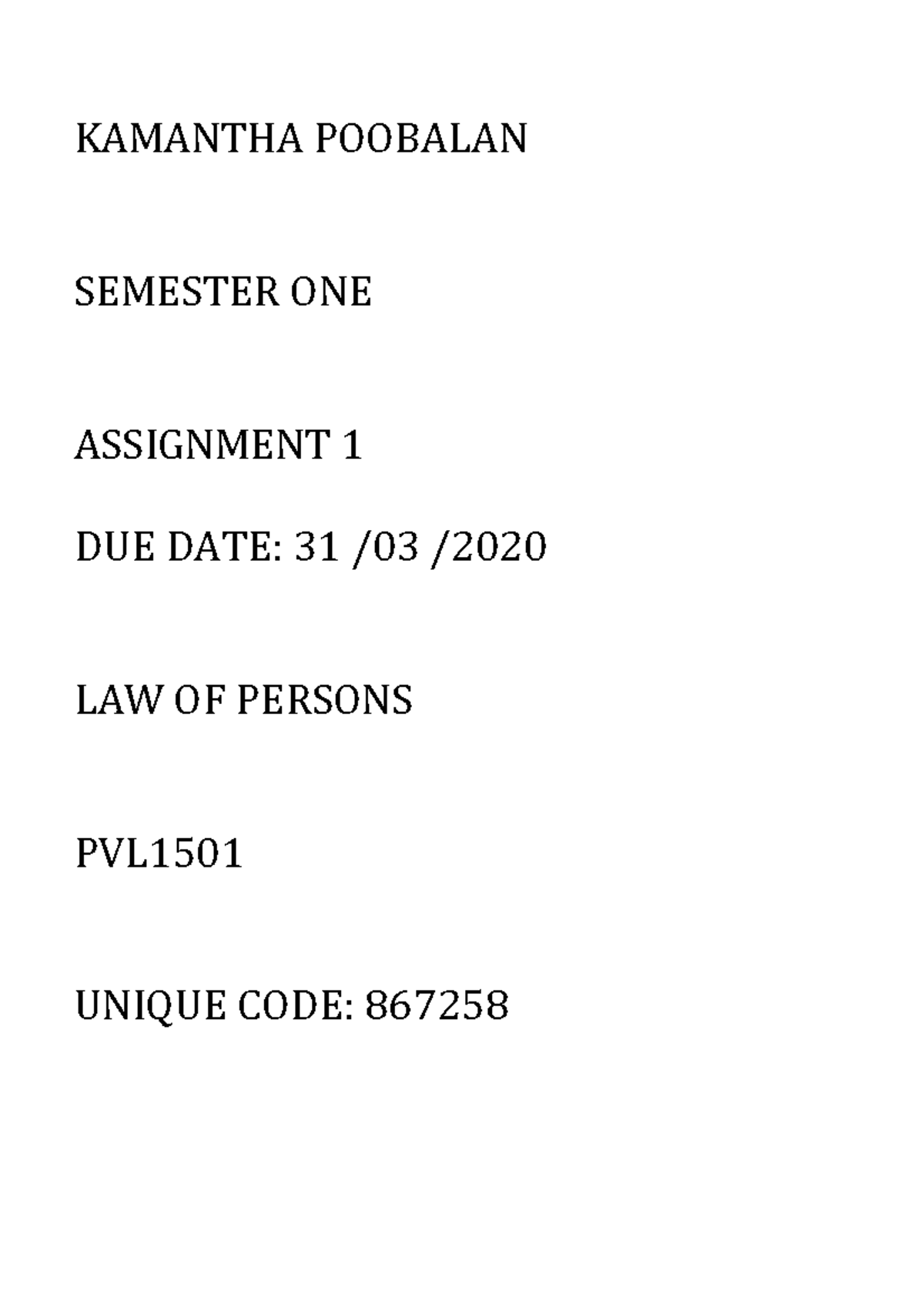 PVL 1501 - Law of persons - KAMANTHA POOBALAN SEMESTER ONE ASSIGNMENT ...