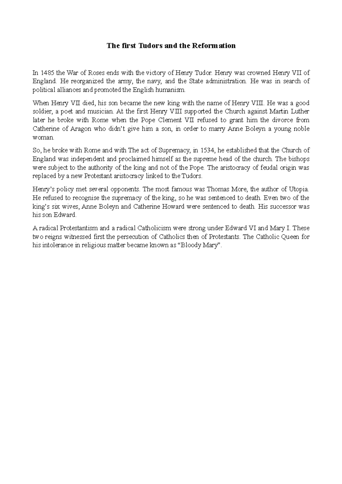 The first tudors and the reformation - Henry was crowned Henry VII of ...