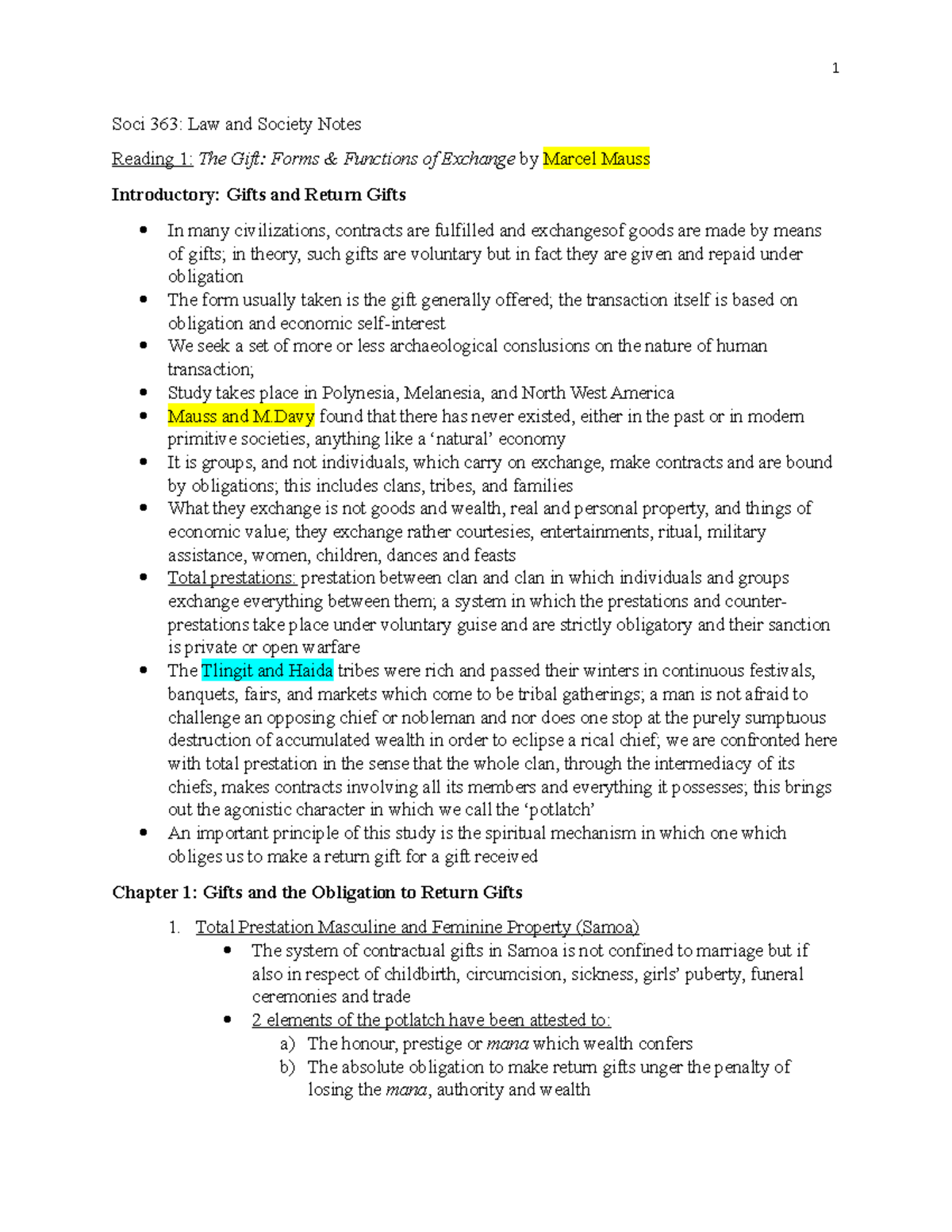Soci 363 notes - Soci 363: Law and Society Notes Reading 1: The Gift ...