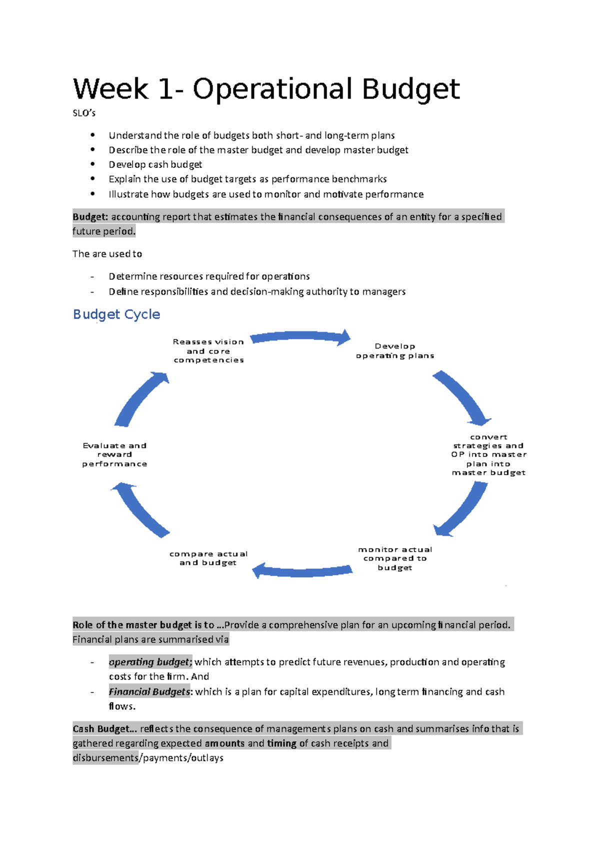 Operational Budgeting - Week 1- Operational Budget SLO’s Understand the ...