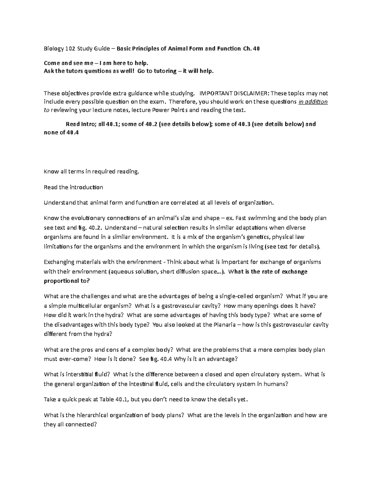 Chapter 40 Outline - Biology 102 Study Guide – Basic Principles of ...