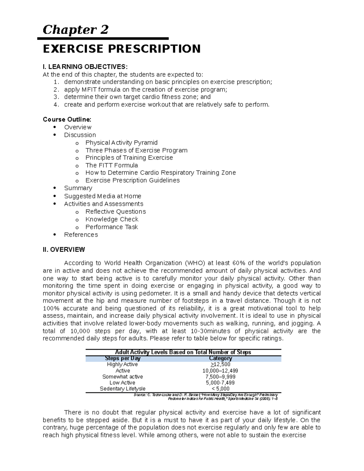 Pathfit 1 Chapter 2 - Chapter 2 EXERCISE PRESCRIPTION I. LEARNING OBJECTIVES: At the end of this ...