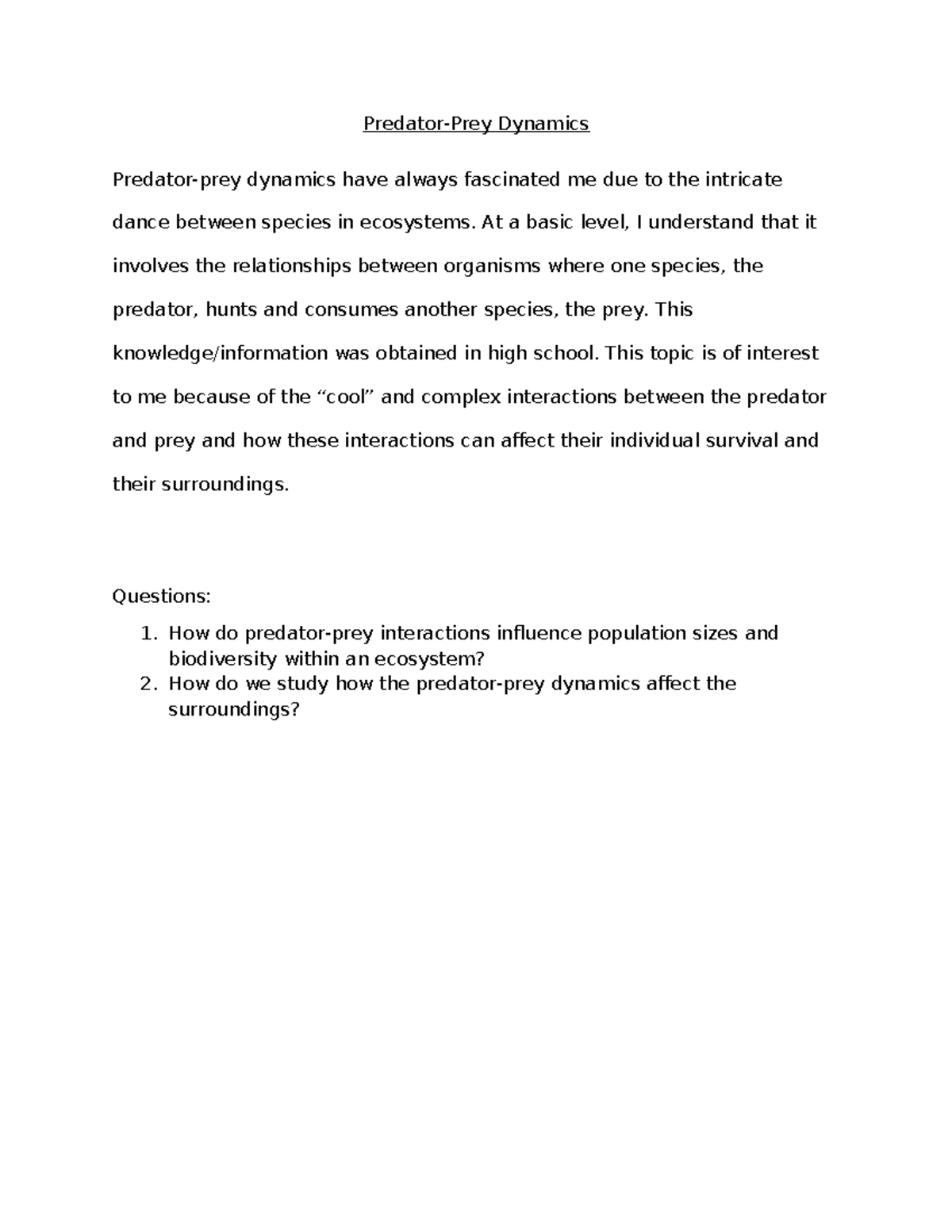 Predator-prey dynamics writing assignment part 1 - Predator-Prey ...