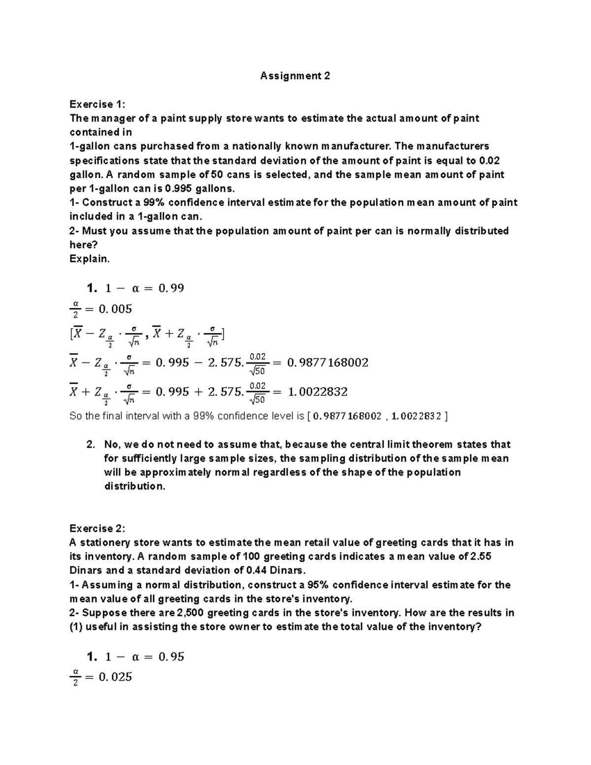Assignment-2-Stat - stat 2 tutorial - Assignment 2 Exercise 1: The manager of a paint supply ...