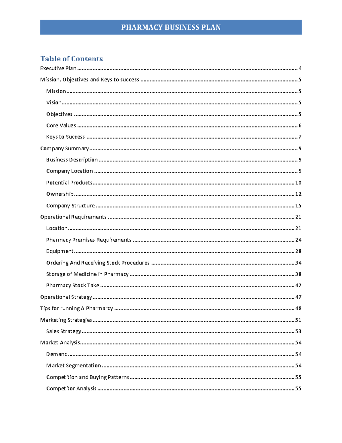 Pharmacy Business Plan Contents Table - Table of Contents Executive ...