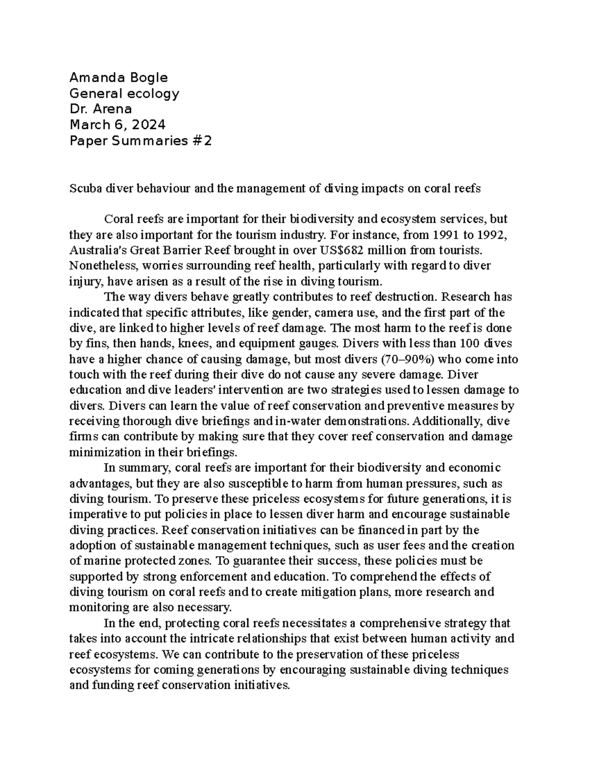 Ecology summaries 2 - Amanda Bogle General ecology Dr. Arena March 6 ...