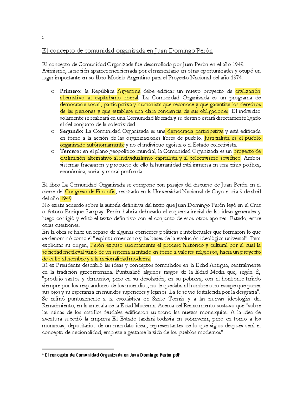 El concepto de comunidad organizada en Juan Domingo Perón - 1 El ...