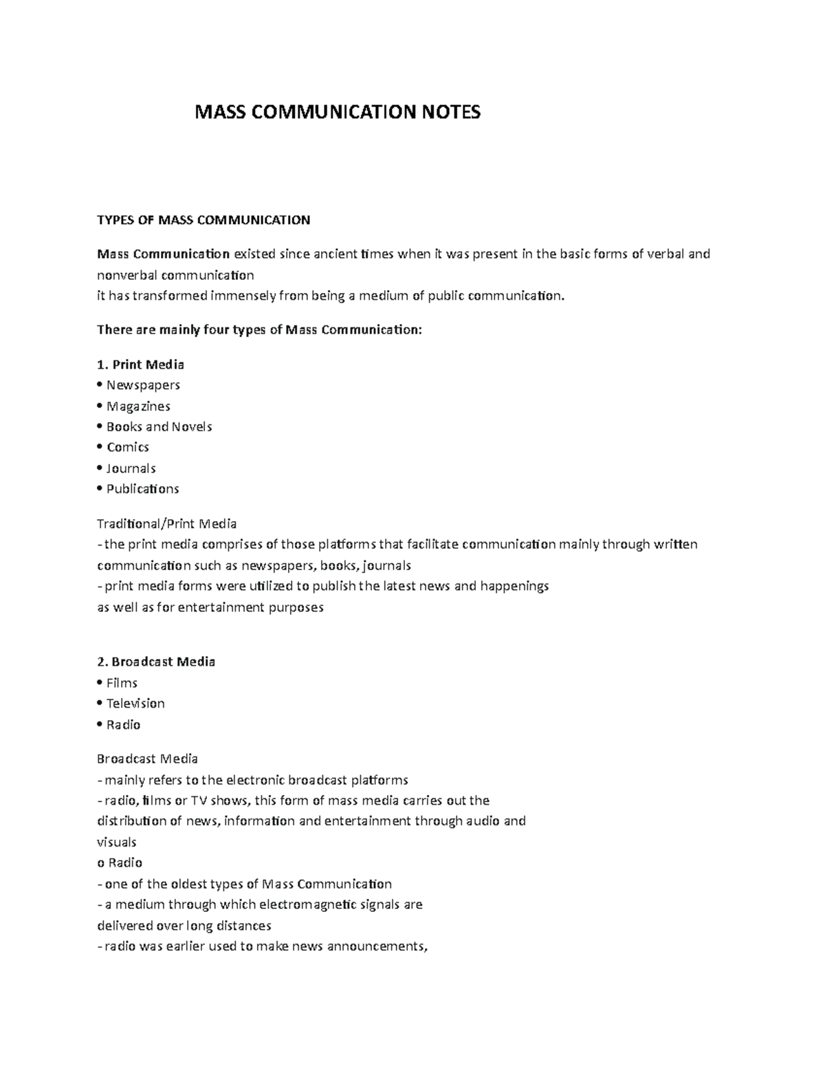 Notes OF MASS Communication - MASS COMMUNICATION NOTES TYPES OF MASS ...