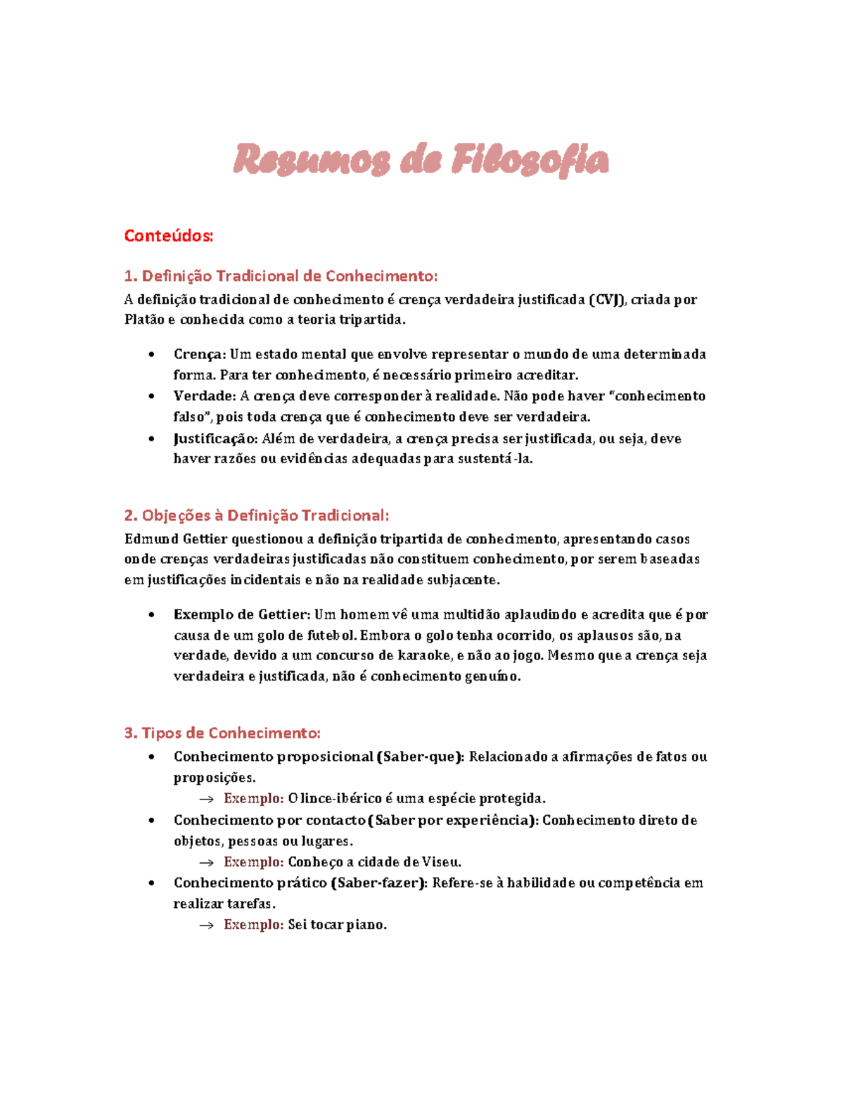 Resumos de filosofia - Resumos de Filosofia Conteúdos: 1. Definição ...