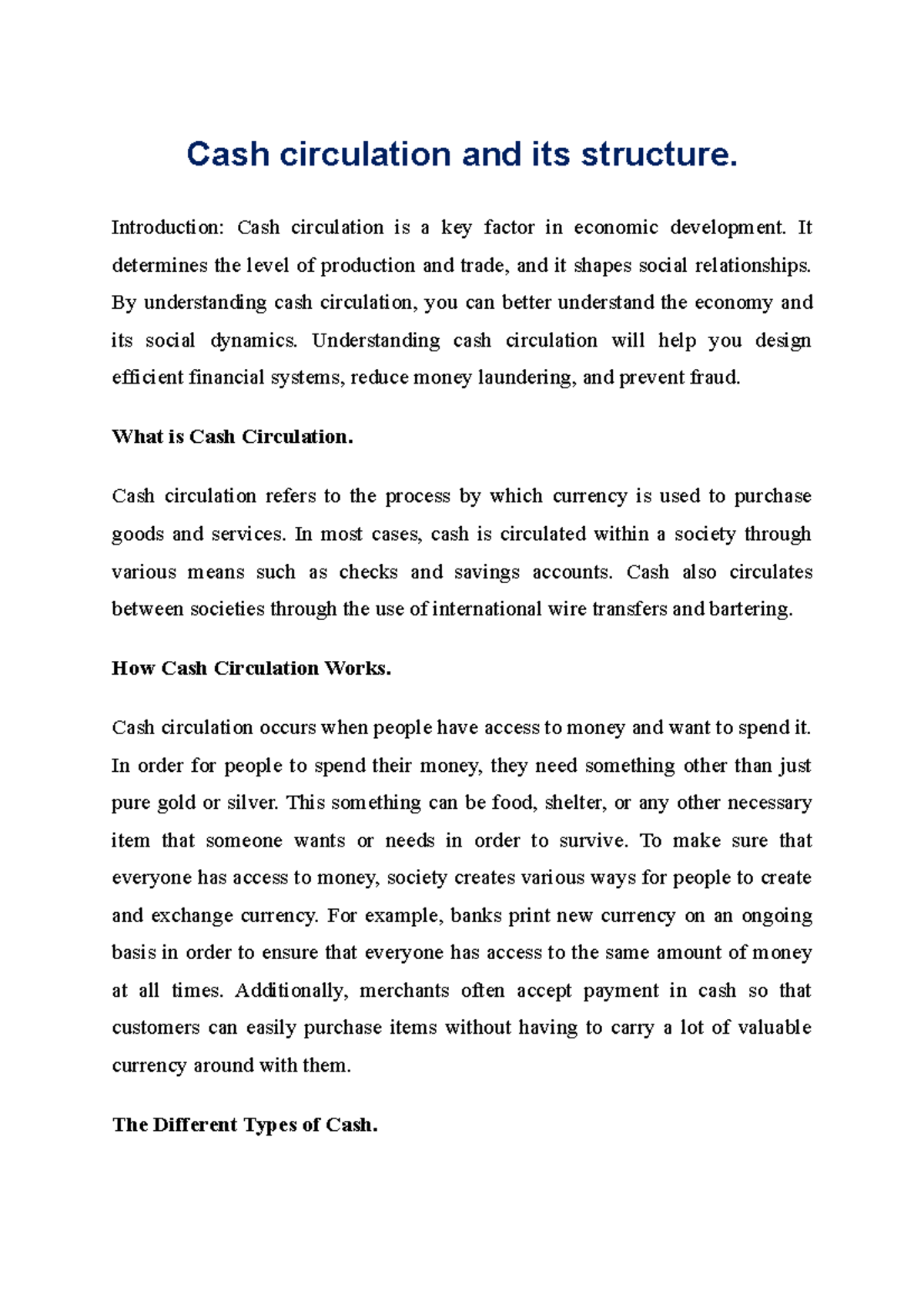 Cash circulation and its structure - Introduction: Cash circulation is ...