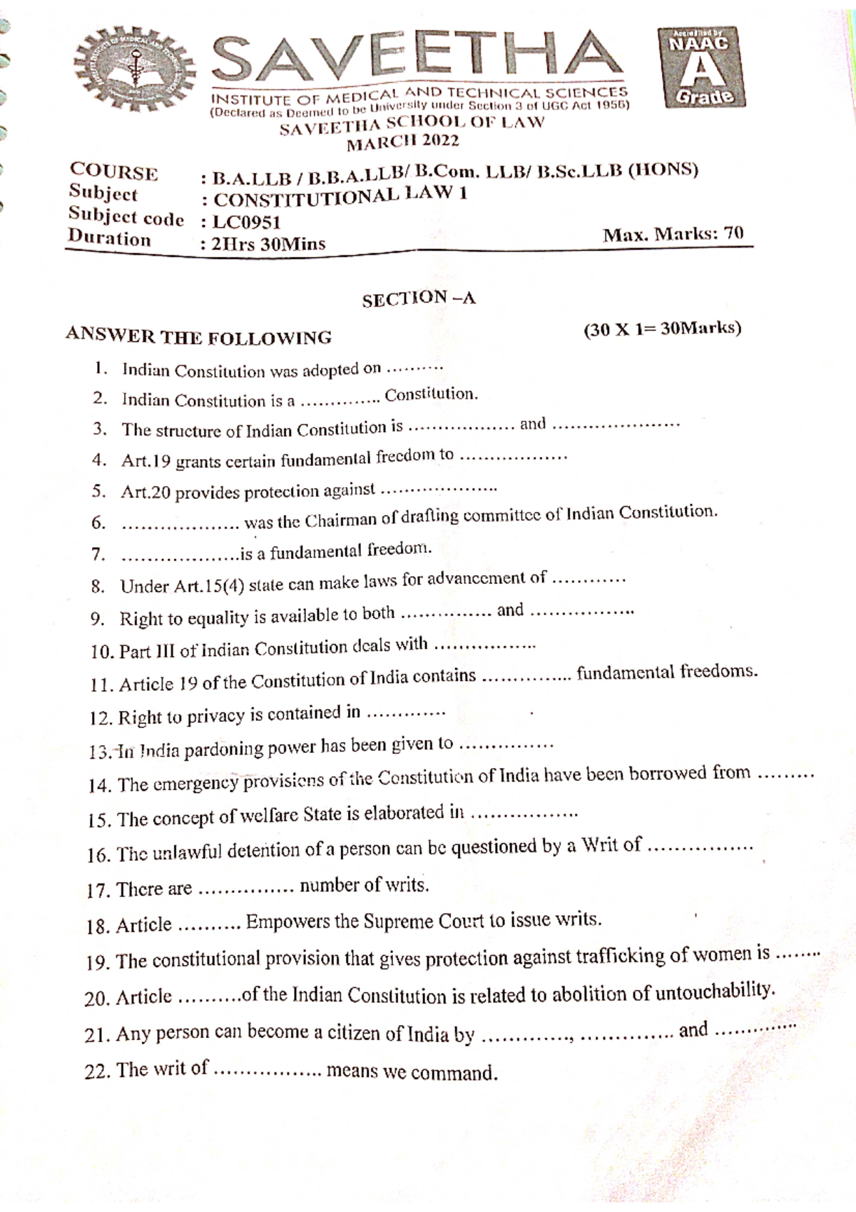Question paper for consti 1 - Constitution Law - Studocu