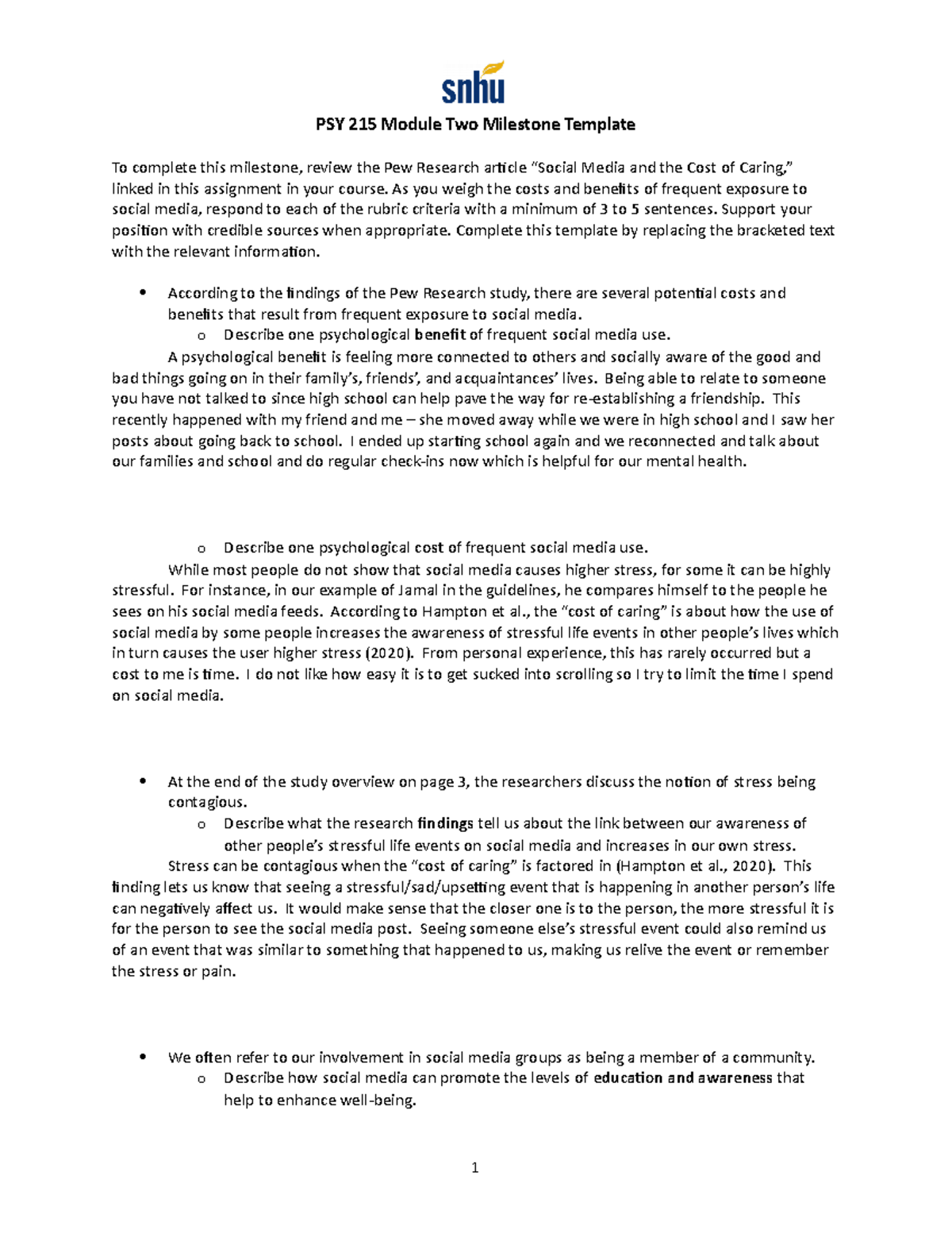 PSY 215 2-2 Module Two Milestone - As you weigh the costs and benefits ...
