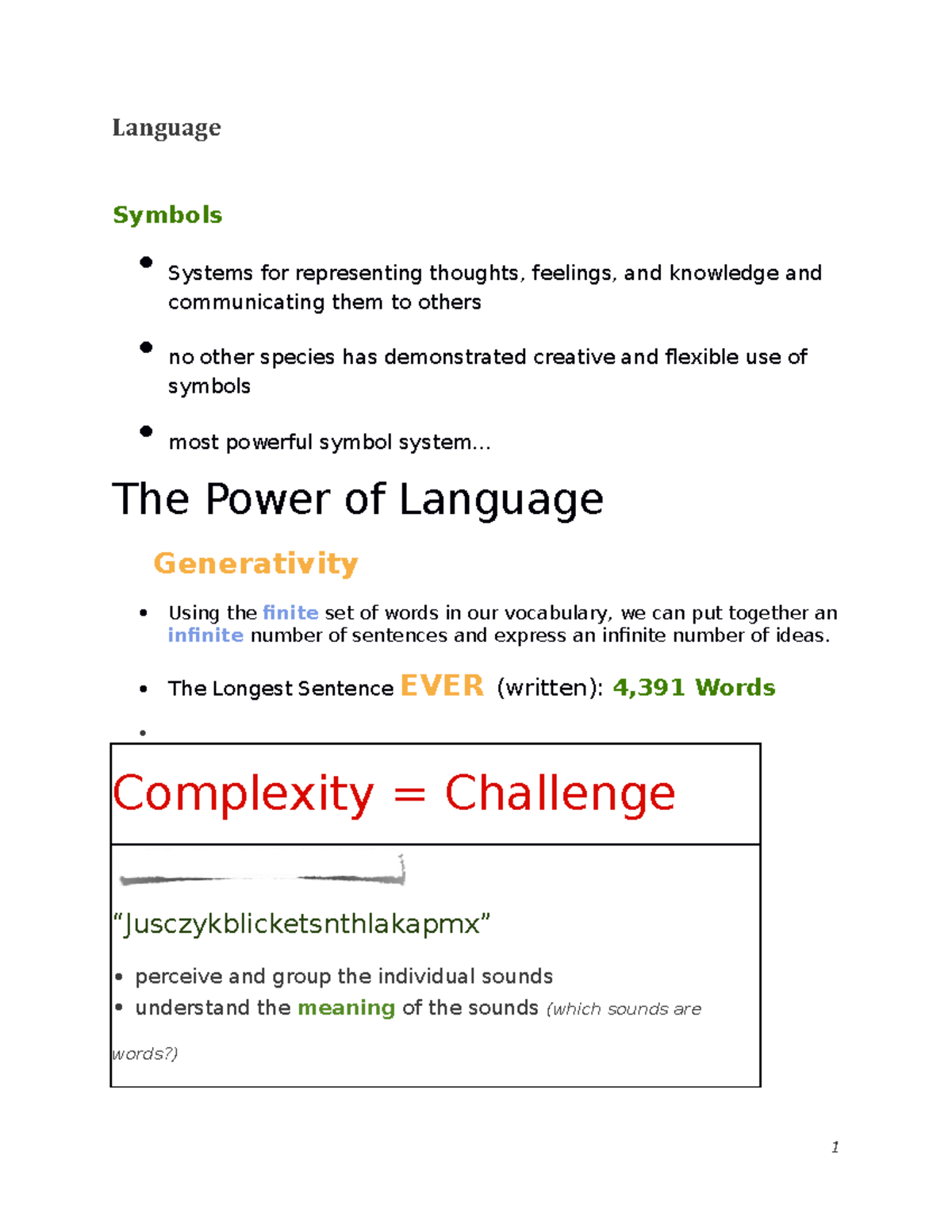 Language 1 Psych 350 - notes - Language Symbols Systems for ...