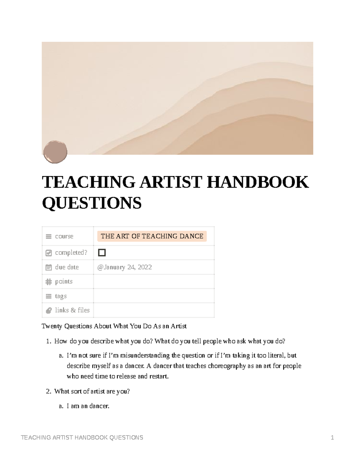 Teaching Artist Handbook Questions - TEACHING ARTIST HANDBOOK QUESTIONS ...