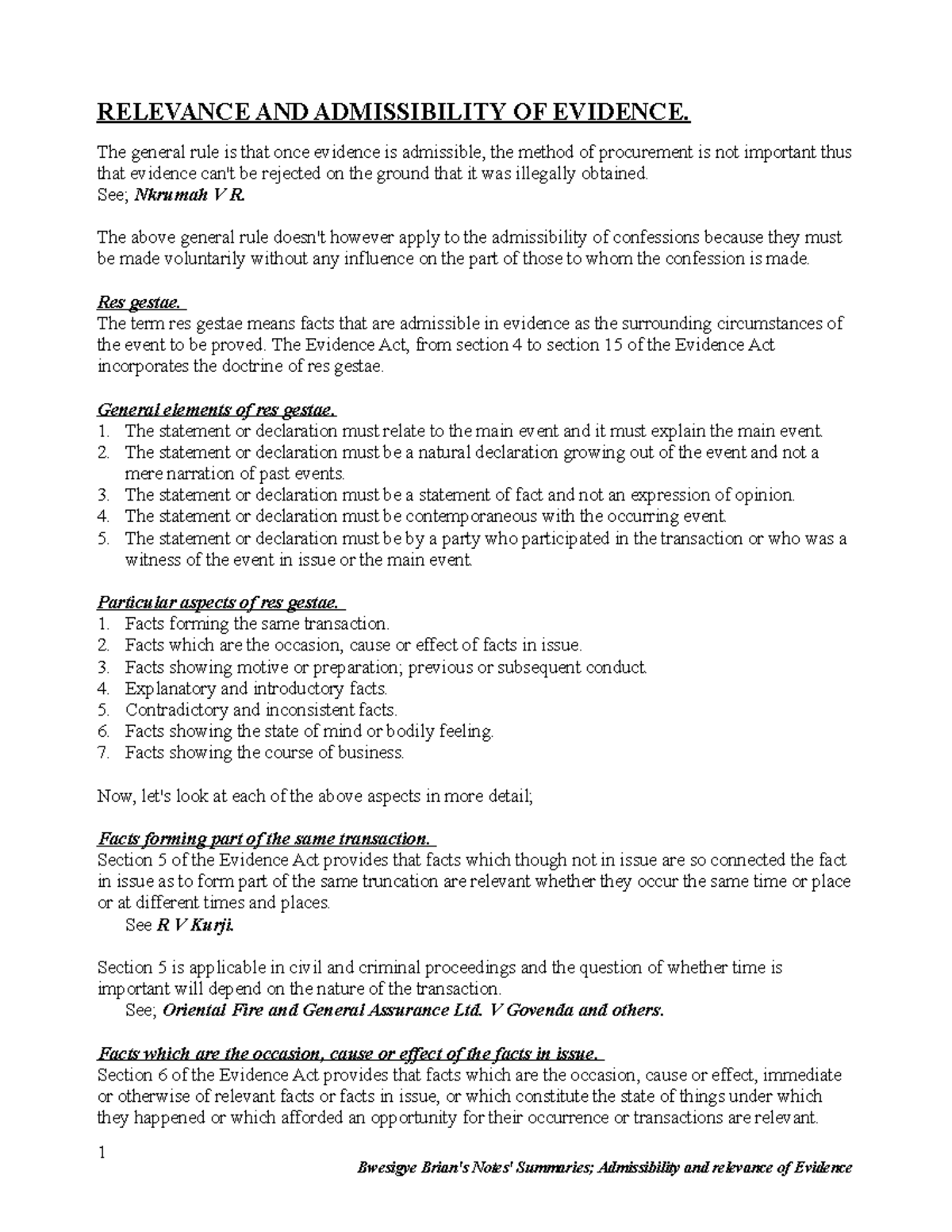 Admissibilty and Relevance of Evidence Notes - RELEVANCE AND ...