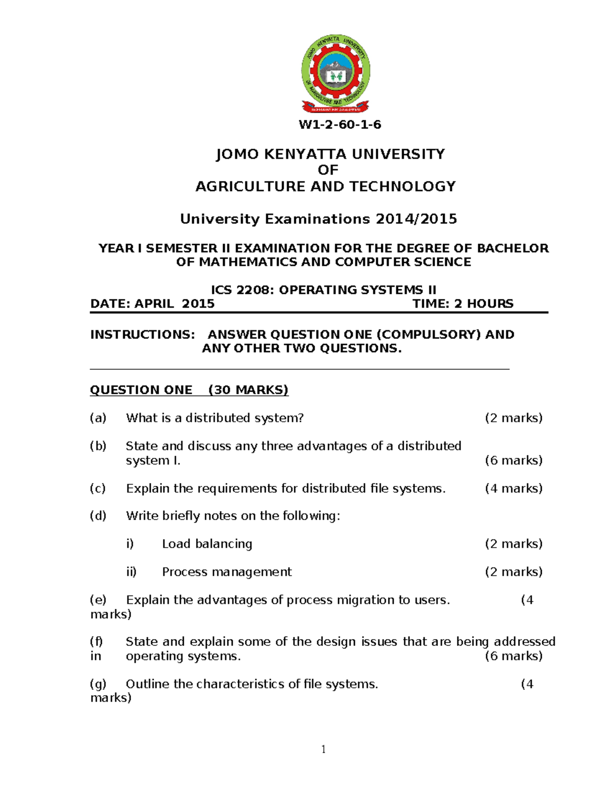 ICS 2208 Operatting Systems II - W1-2-60-1- JOMO KENYATTA UNIVERSITY OF ...