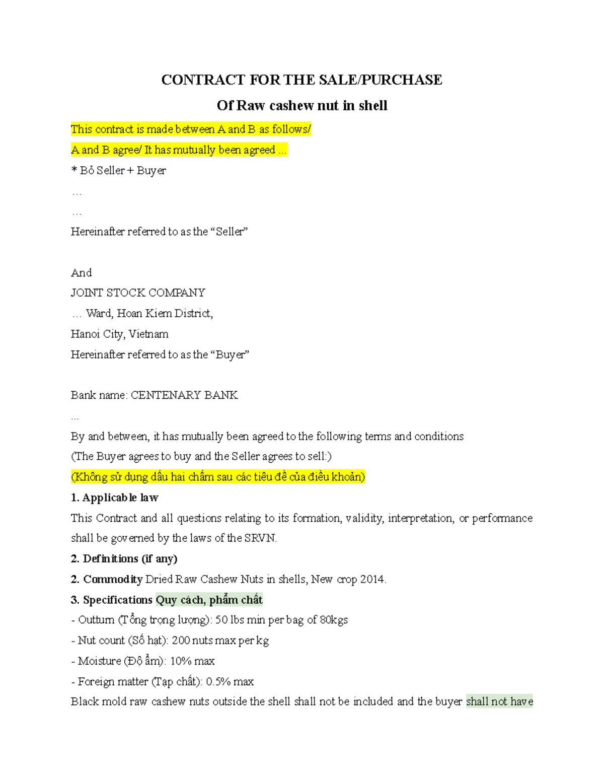 7. Sales contract of raw cashew nut in shell - CONTRACT FOR THE SALE ...