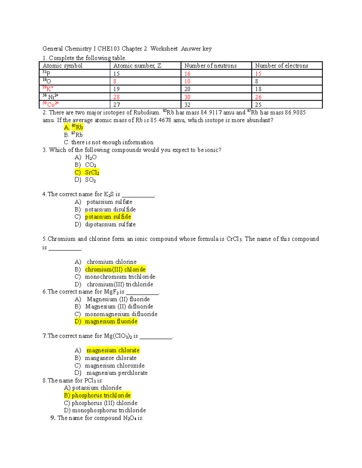 WS #2 KEY - Chapter 1 - General Chemistry I CHE103 Chapter 2 Worksheet ...