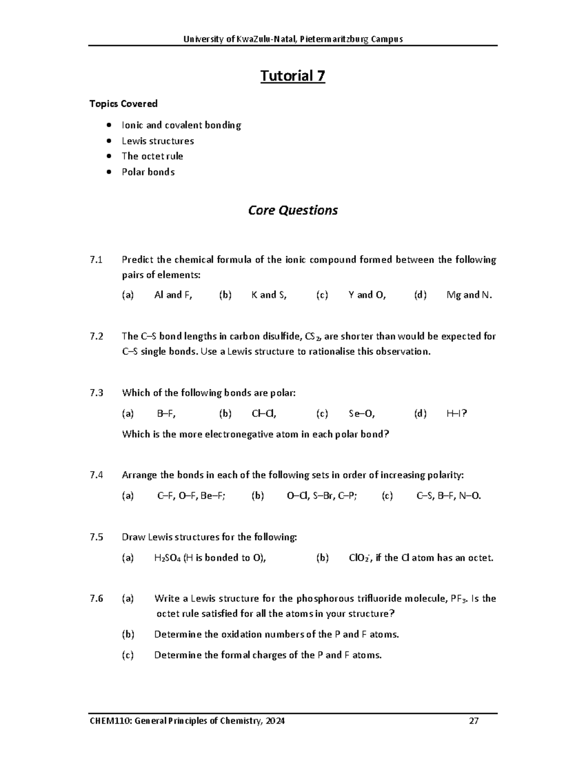 CHEM110 Tutorials 2024 tutorial 7 - Tutorial 7 Topics Covered Ionic and ...