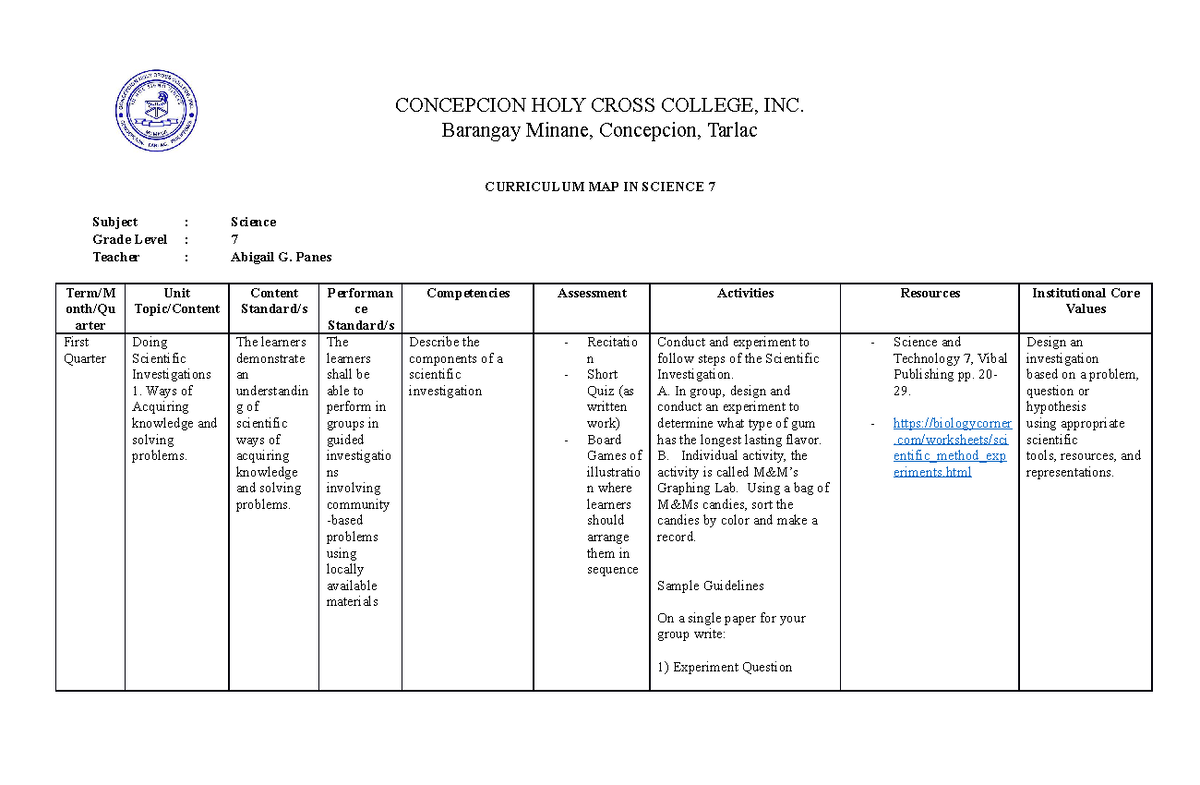 Curriculum Map - Science 7 - CONCEPCION HOLY CROSS COLLEGE, INC ...