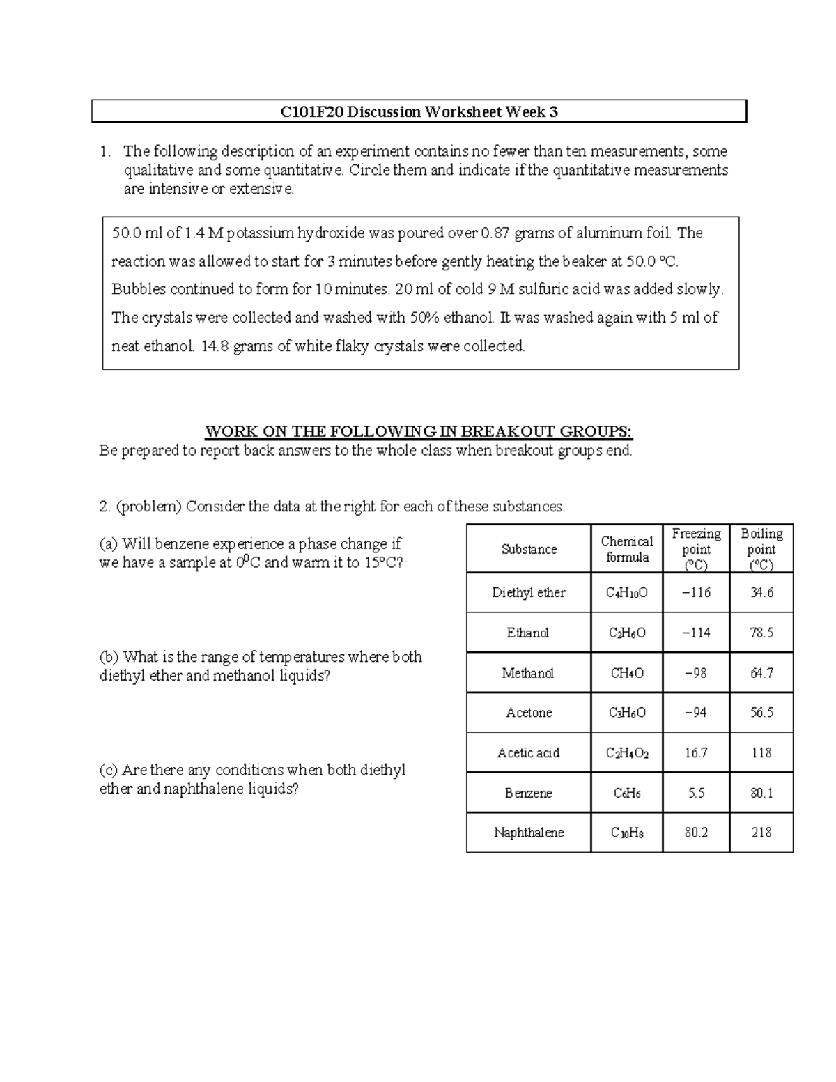 Chem Discussion Worksheet Week 3 - C101F20 Discussion Worksheet Week 3 ...