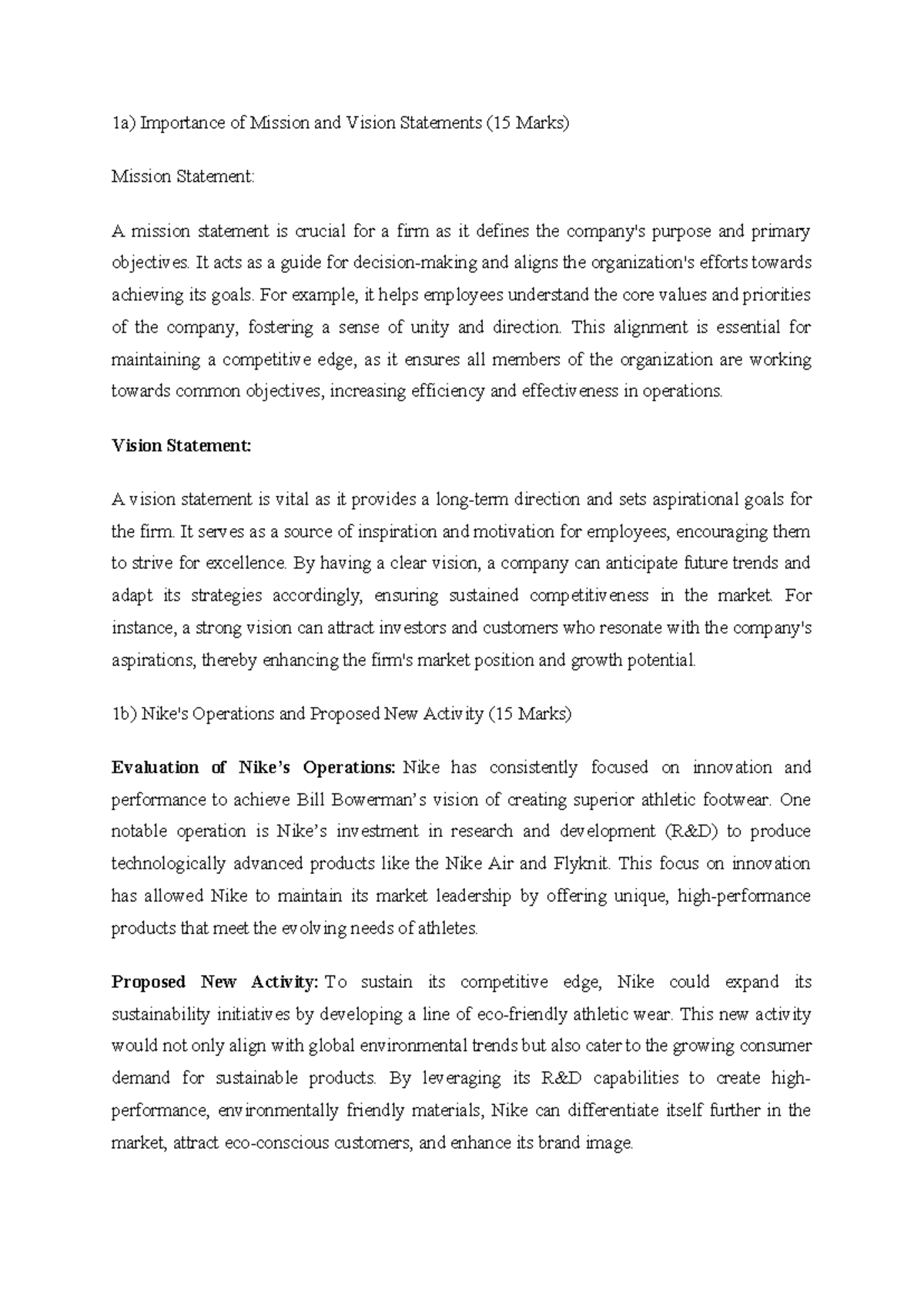 Mockexam - is just a references - 1a) Importance of Mission and Vision ...