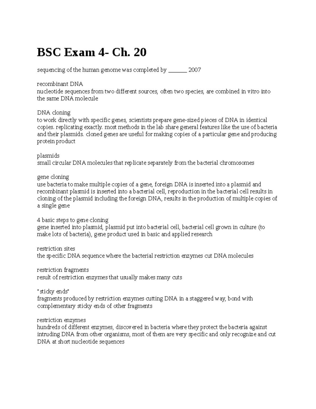 BSC Exam 4 - notes - BSC Exam 4- Ch. 20 sequencing of the human genome ...