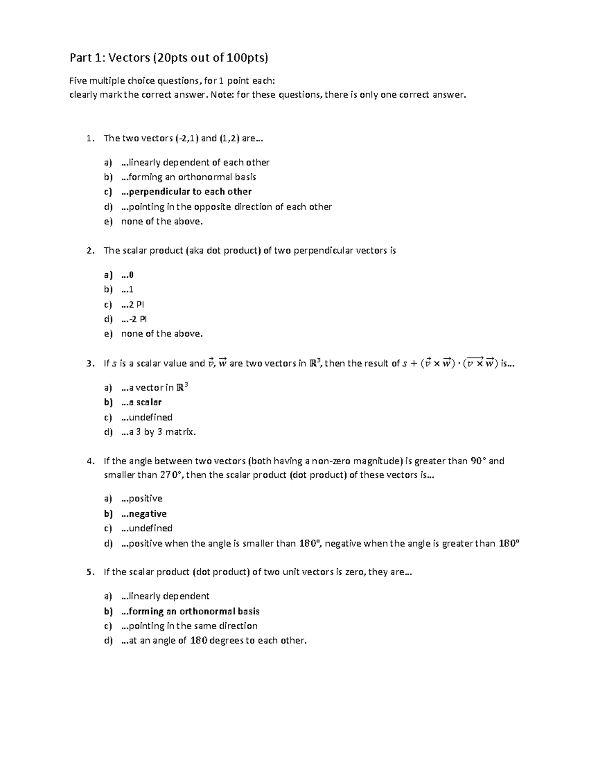 Midterm EXAM with notes - Part 1: Vectors (20pts out of 100pts) Five ...