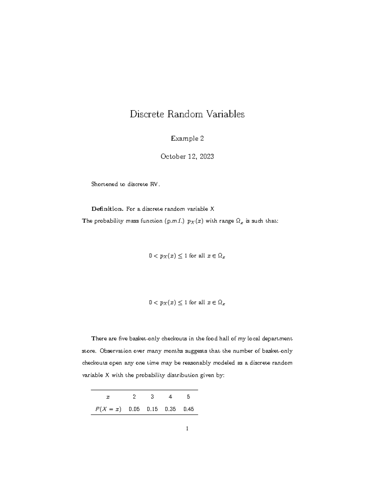 Discrete Random Variables Discrete Random Variables Example 2 October