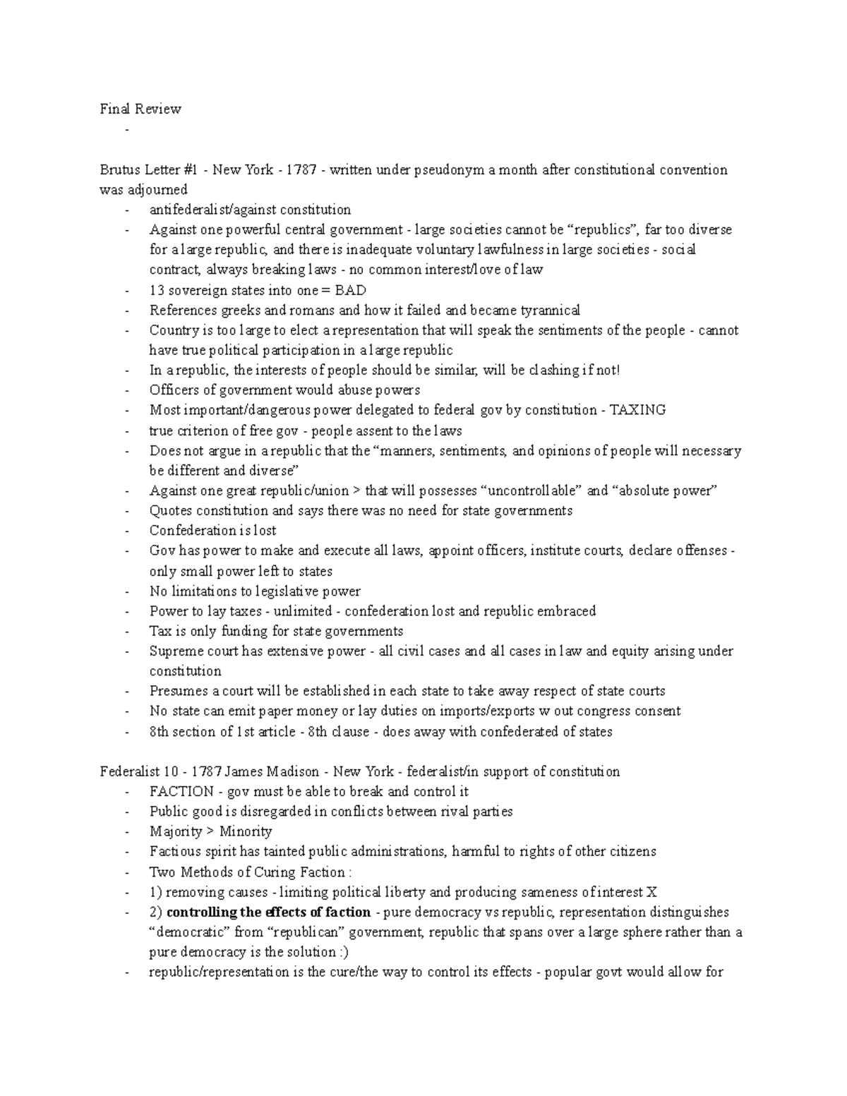 Final Exam Review Sheet - Final Review - Brutus Letter #1 - New York ...