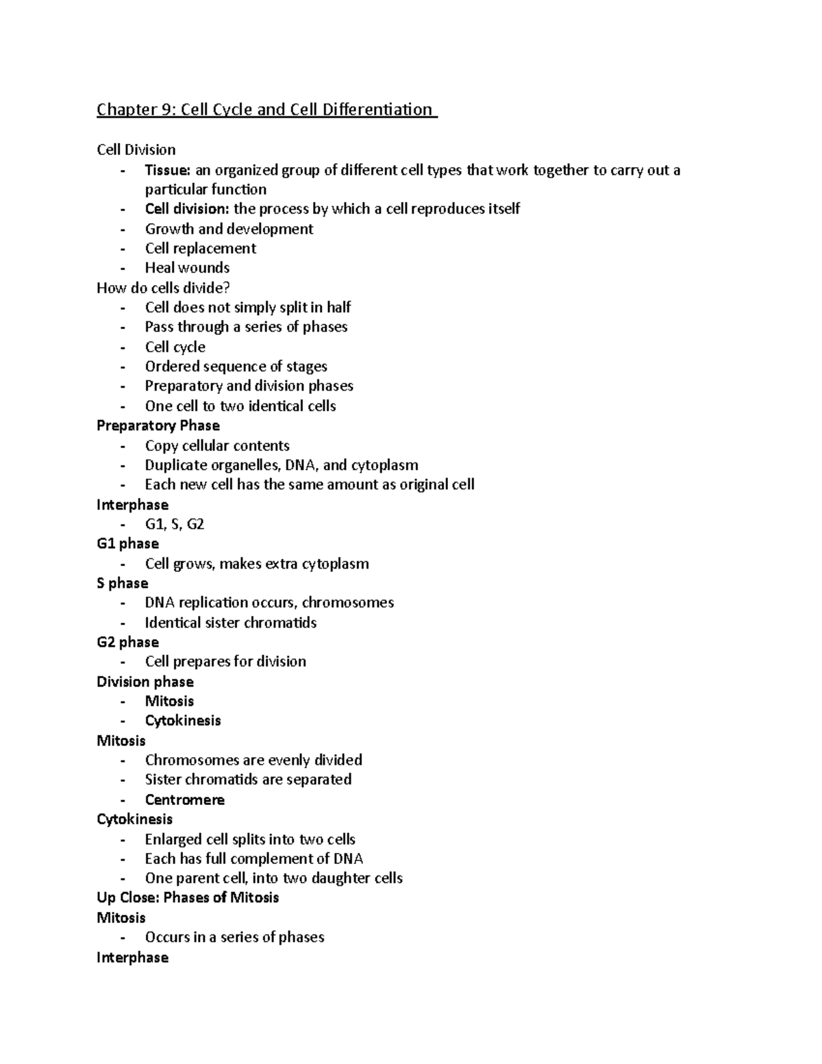 Chapter 9 notes - Chapter 9: Cell Cycle and Cell Differentiation Cell ...