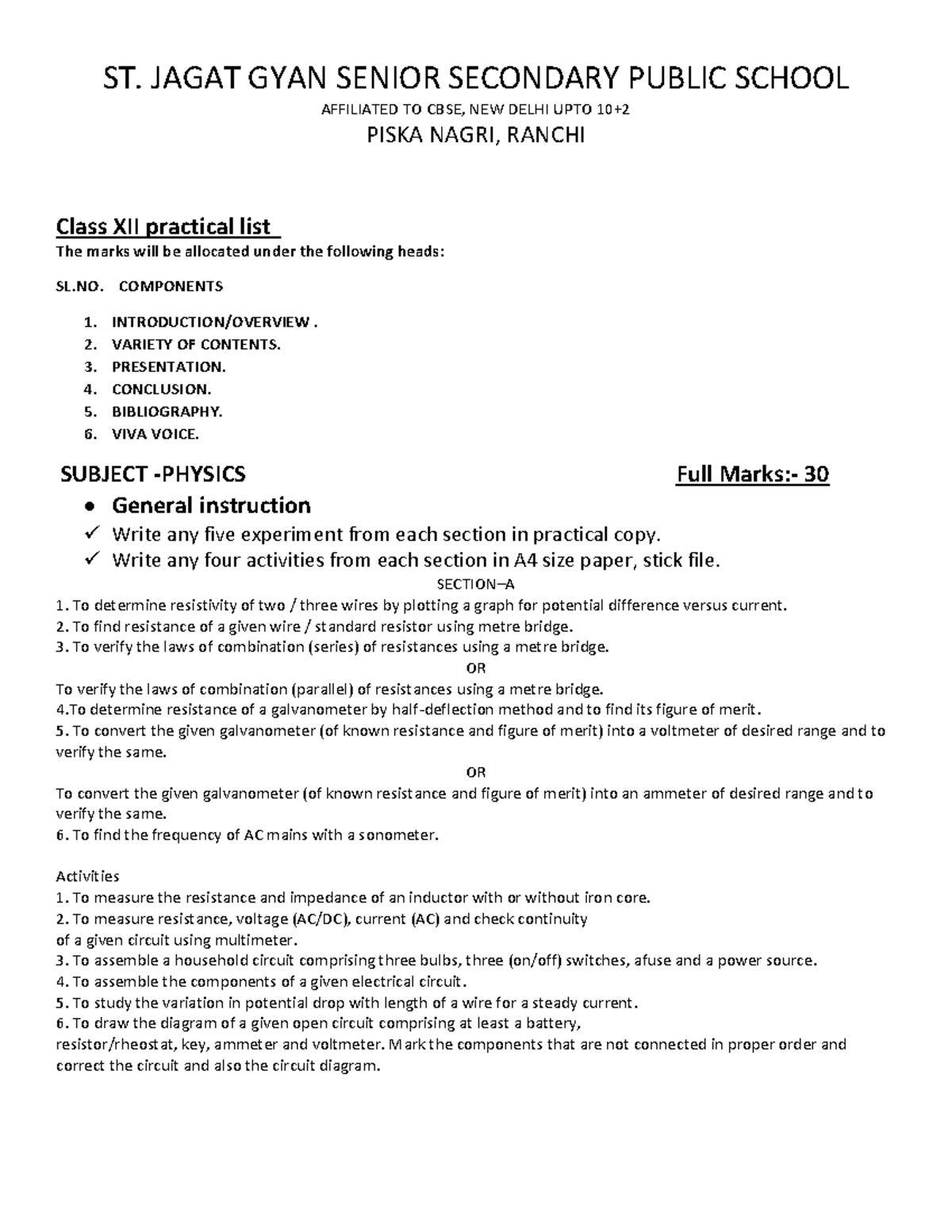 Xii practical list 2023 - ST. JAGAT GYAN SENIOR SECONDARY PUBLIC SCHOOL ...