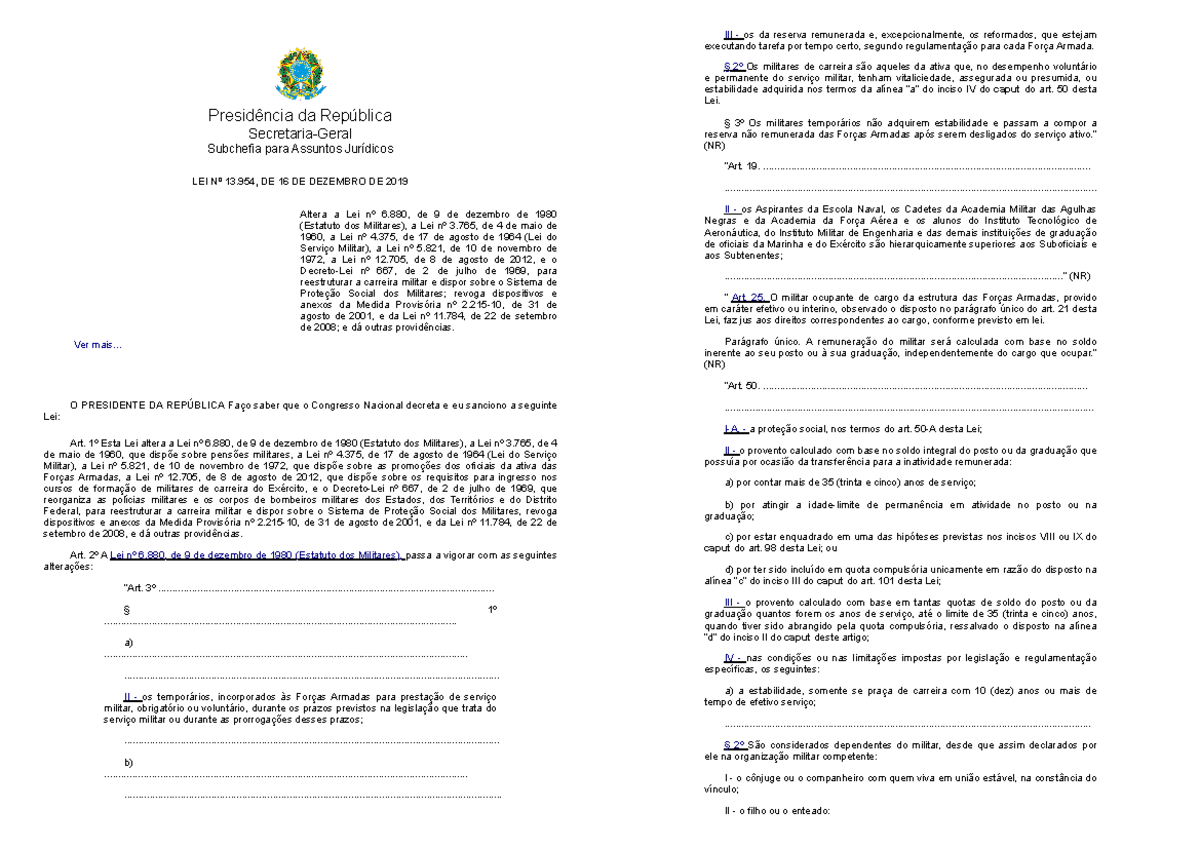 6. LEI Federal 13954 Proteçao Social Militares - - Studocu