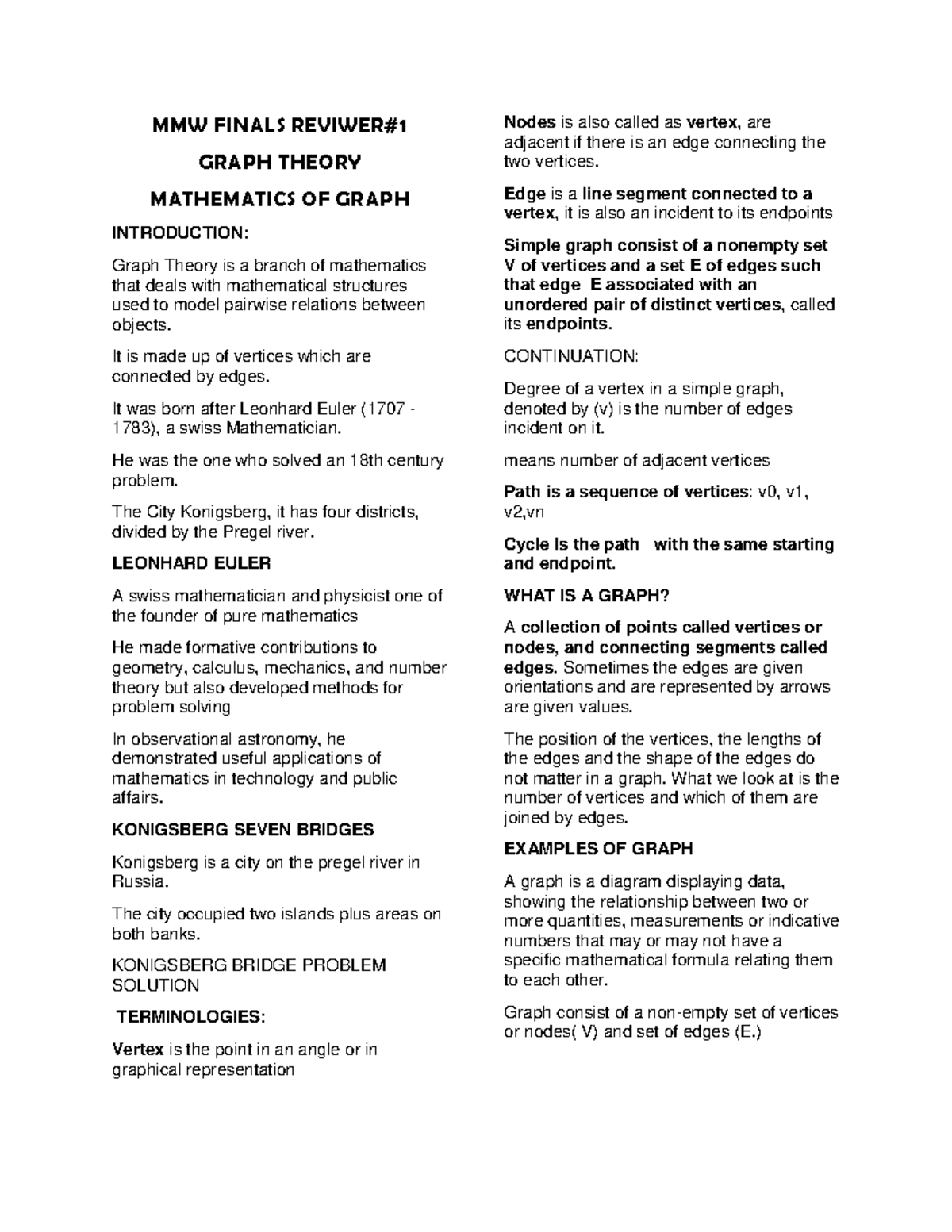 MMW Final Examination Reviewer without Solutions - MMW FINALS REVIWER# GRAPH THEORY MATHEMATICS ...