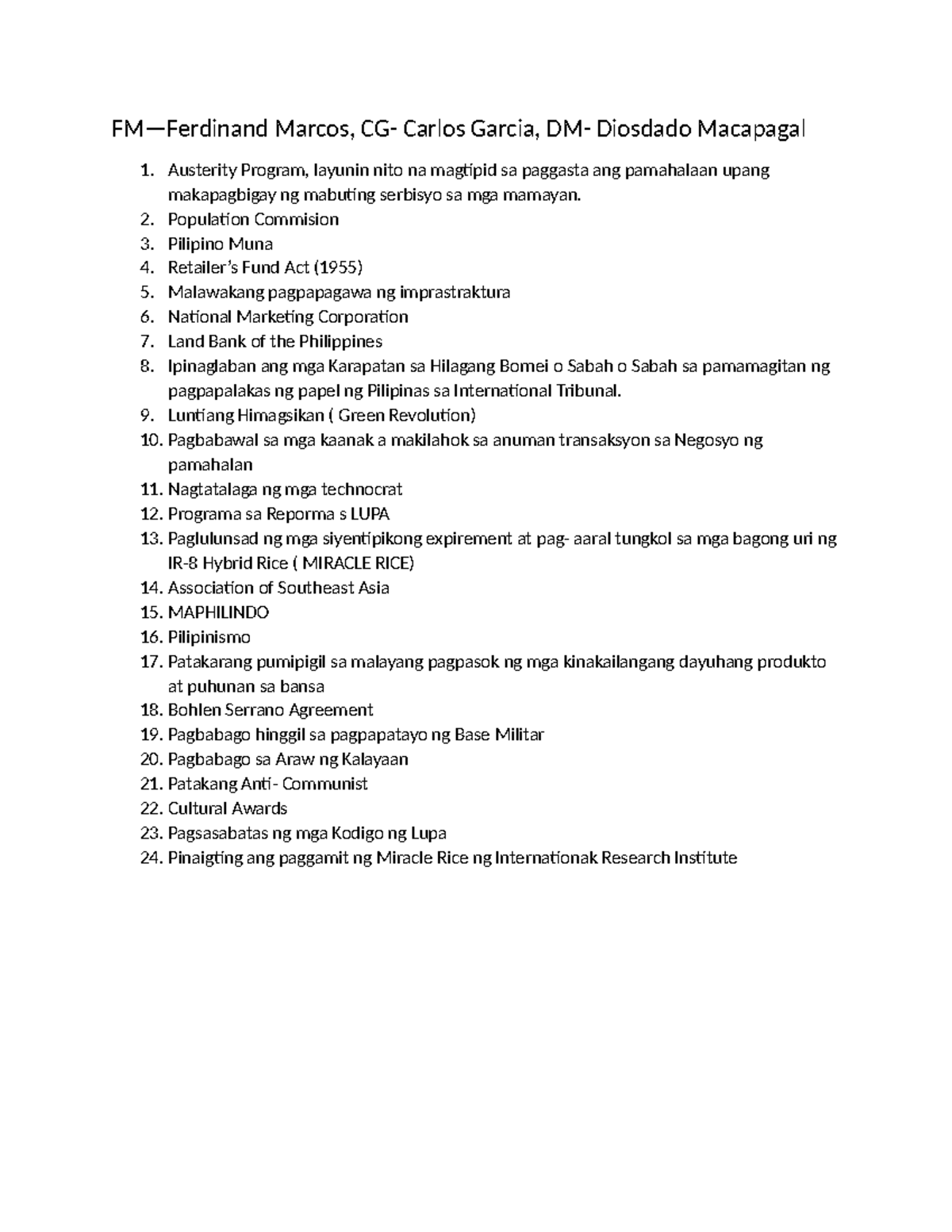 FM - ... - FM—Ferdinand Marcos, CG- Carlos Garcia, DM- Diosdado ...