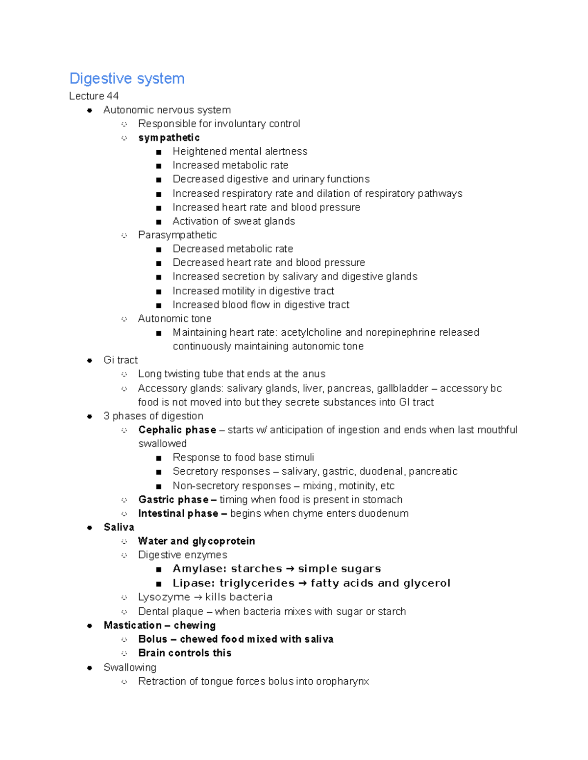 Bms 300 Final Exam Review Digestive System Lecture 44 Autonomic Nervous System Responsible For
