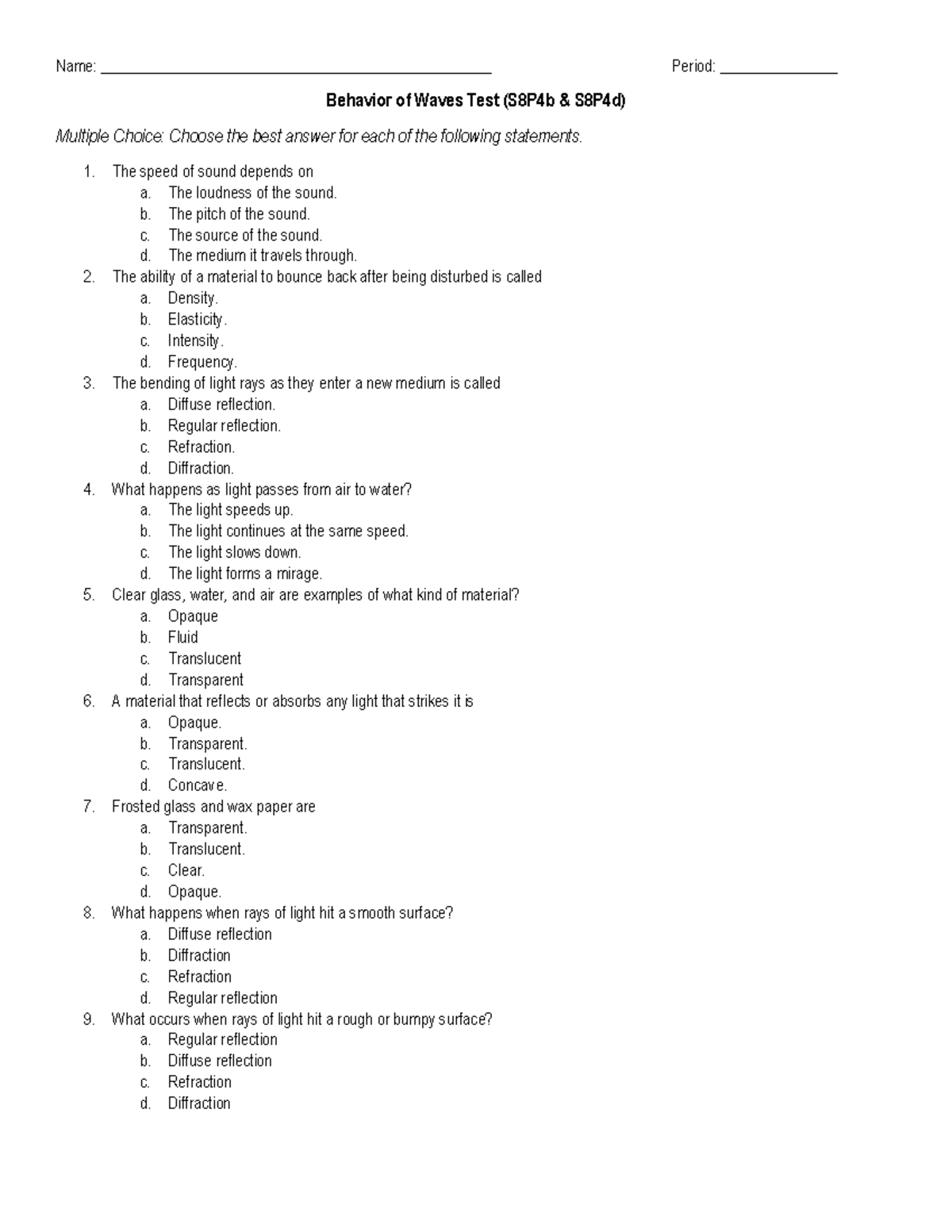 Behaviorof Waves Reflection Refraction Diffraction Test-1 - Name: - Studocu