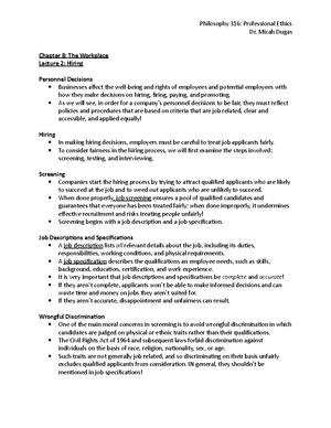 Chapter 1 - Lecture 1 - Philosophy 316: Professional Ethics Dr. Micah Dugas Chapter 1: The ...