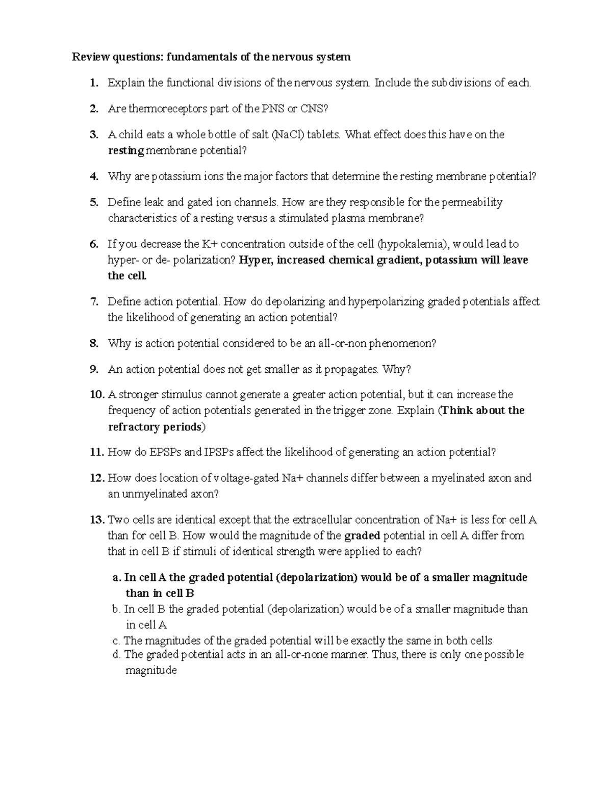 Nervous system fundamentals study guide key - Review questions ...