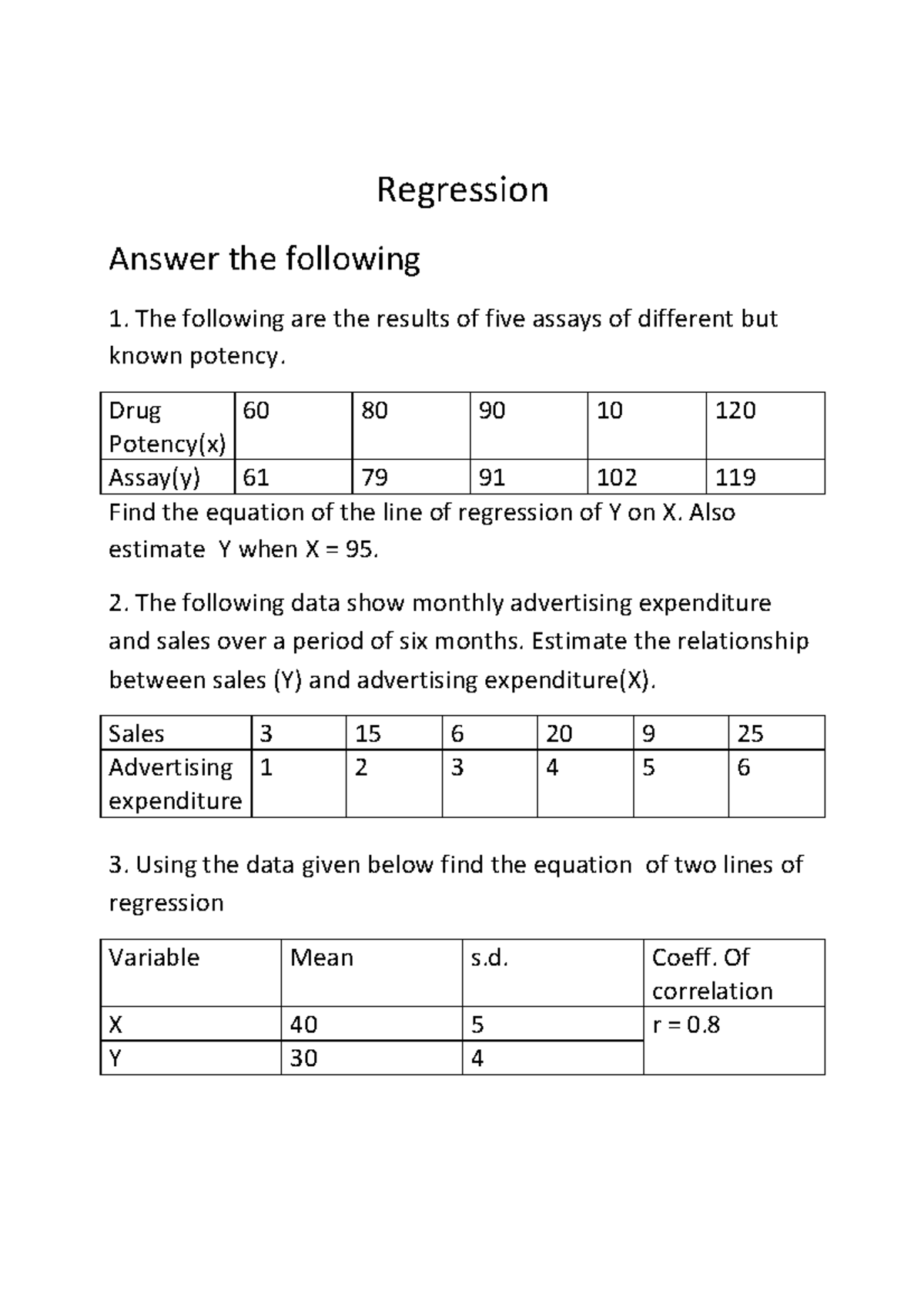 Regression - 17 - 8 - 2022 - Regression Answer the following The ...